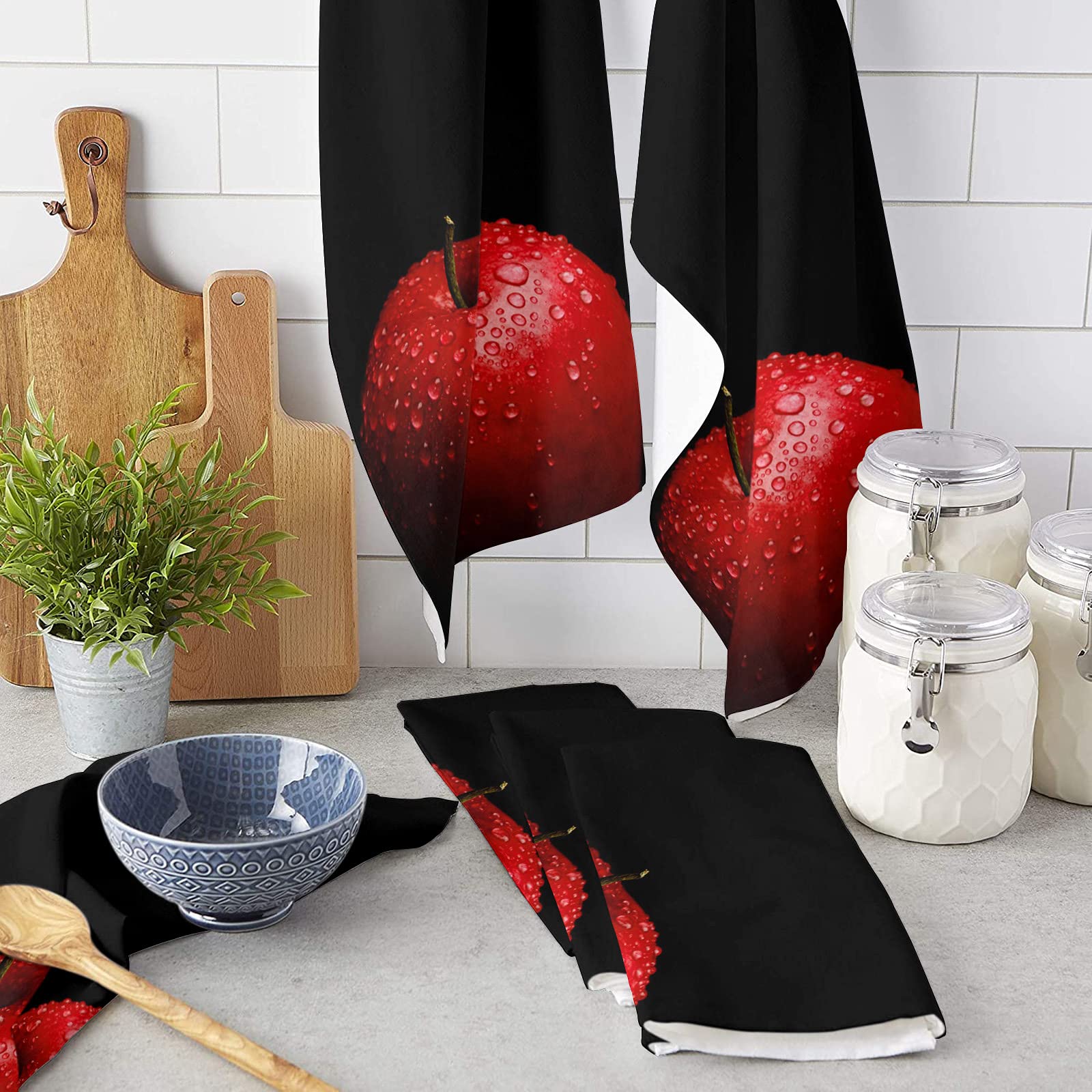 Gredice Red Apples with Water Drops Kitchen Cloth Dish Towel 18x28in Pack of 4,Super Soft Absorbent Tea Towels Hand Towel Close-up Fruit Art on Black Cleaning Dish Cloths for Drying Dishes