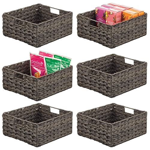 mDesign Woven Farmhouse Kitchen Pantry Food Storage Organizer Basket Box - Container Organization for Cabinets, Cupboards, Shelves, Countertops, Store Potatoes, Onions, Fruit, 6 Pack, Espresso Brown