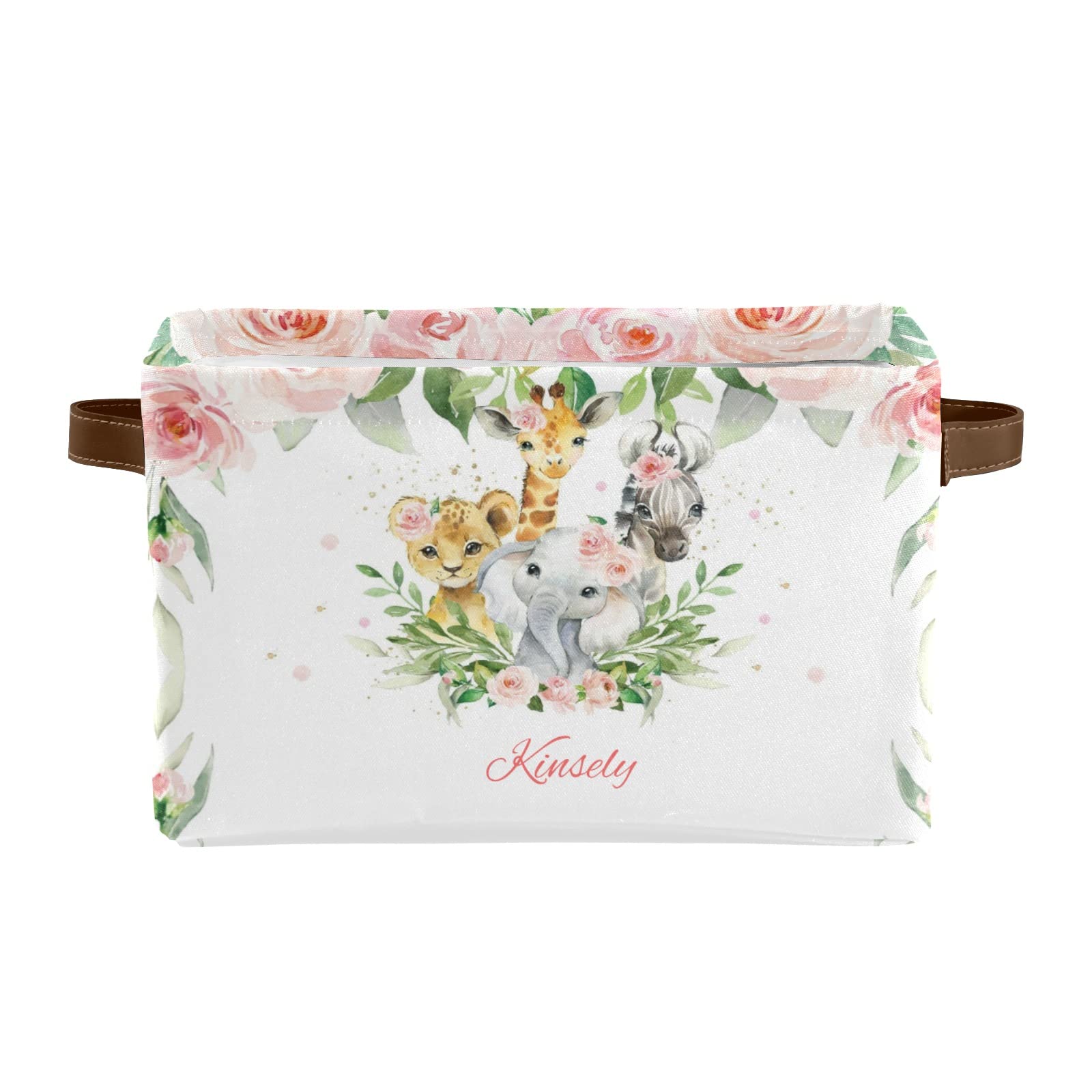 Jungle Animal Safari Pink Custom Storage Basket,Personalized Storage Bins Cubes Organizer with Handle for Bedroom Wardrobe,Nursery,Basket 4 Pack