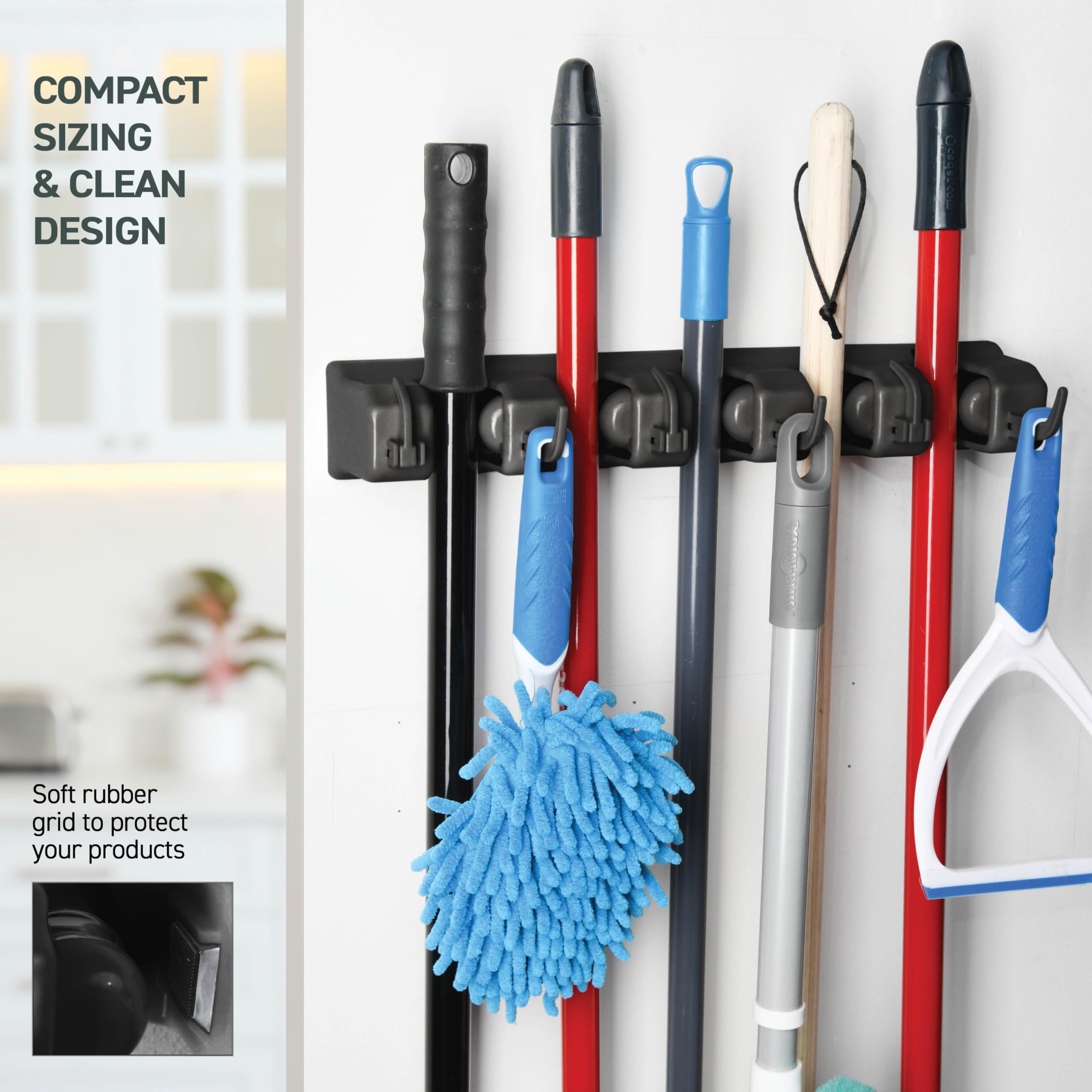 Mop and Broom Holder Wall Mount - Garage Storage Organizer with 5 Slots, 6 Hooks, 7.5lbs Capacity Per Slot - Home, Kitchen, Closet, Garden Tools, Laundry Room Organization β Black Broom Hanger