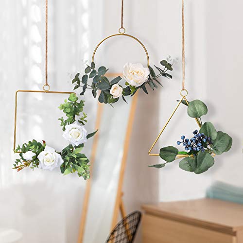 Dolicer Floral Hoop Wreath, Geometric Wire Round Triangle Square Hoop Frame of Artificial Peony Flower and Eucalyptus Vine Wreath for Wedding Backdrop Wall Garden Balcony Home Decor, 3 Pcs, White…