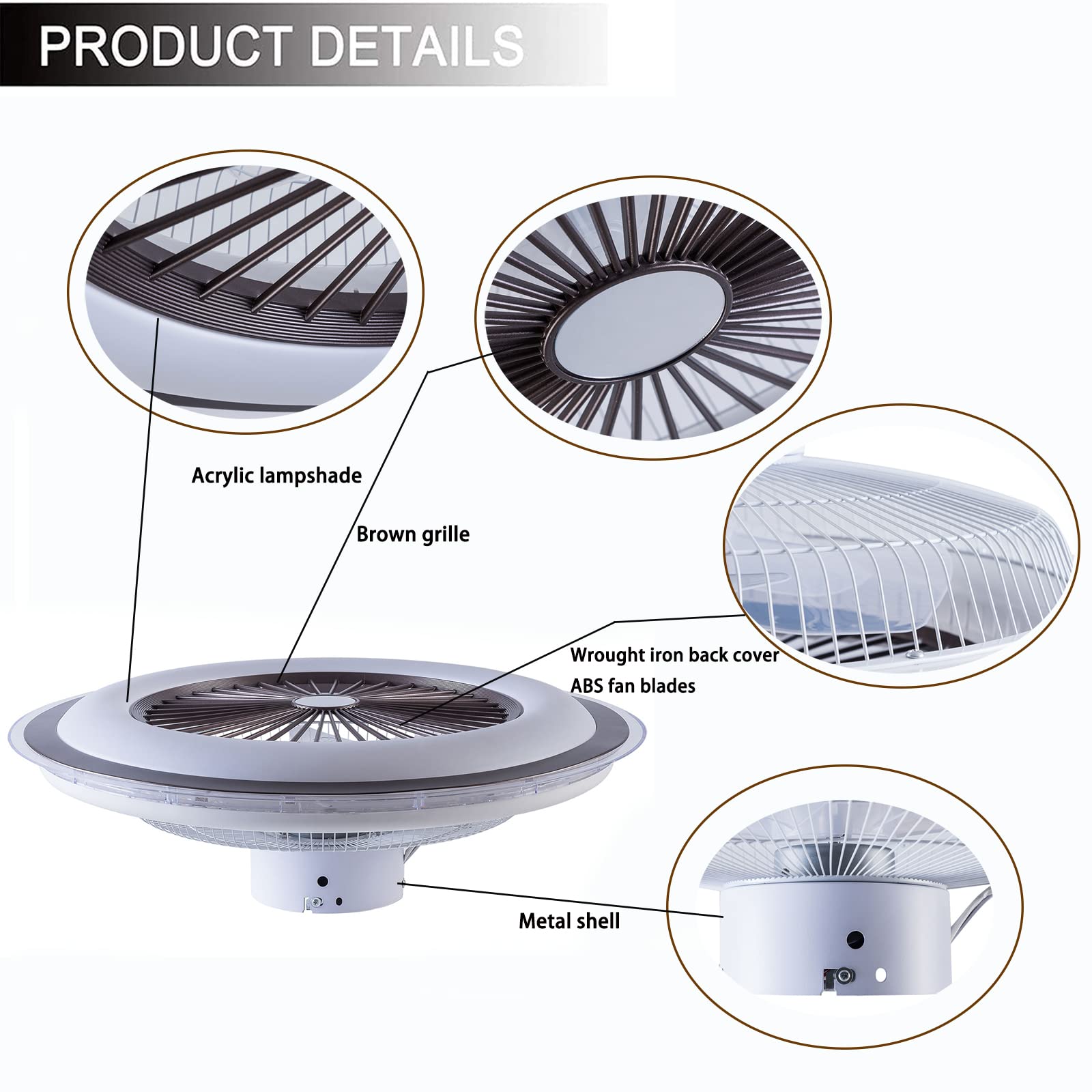 Gdrasuya10 Flush Mount Ceiling Fan with Lights Remote Control 23inch Bladeless Ceiling Fandelier Lighting SMD LED Invisible Low Profile Ceiling Fans Dimmable 3 Color 3 Speed Time Setting (Brown)