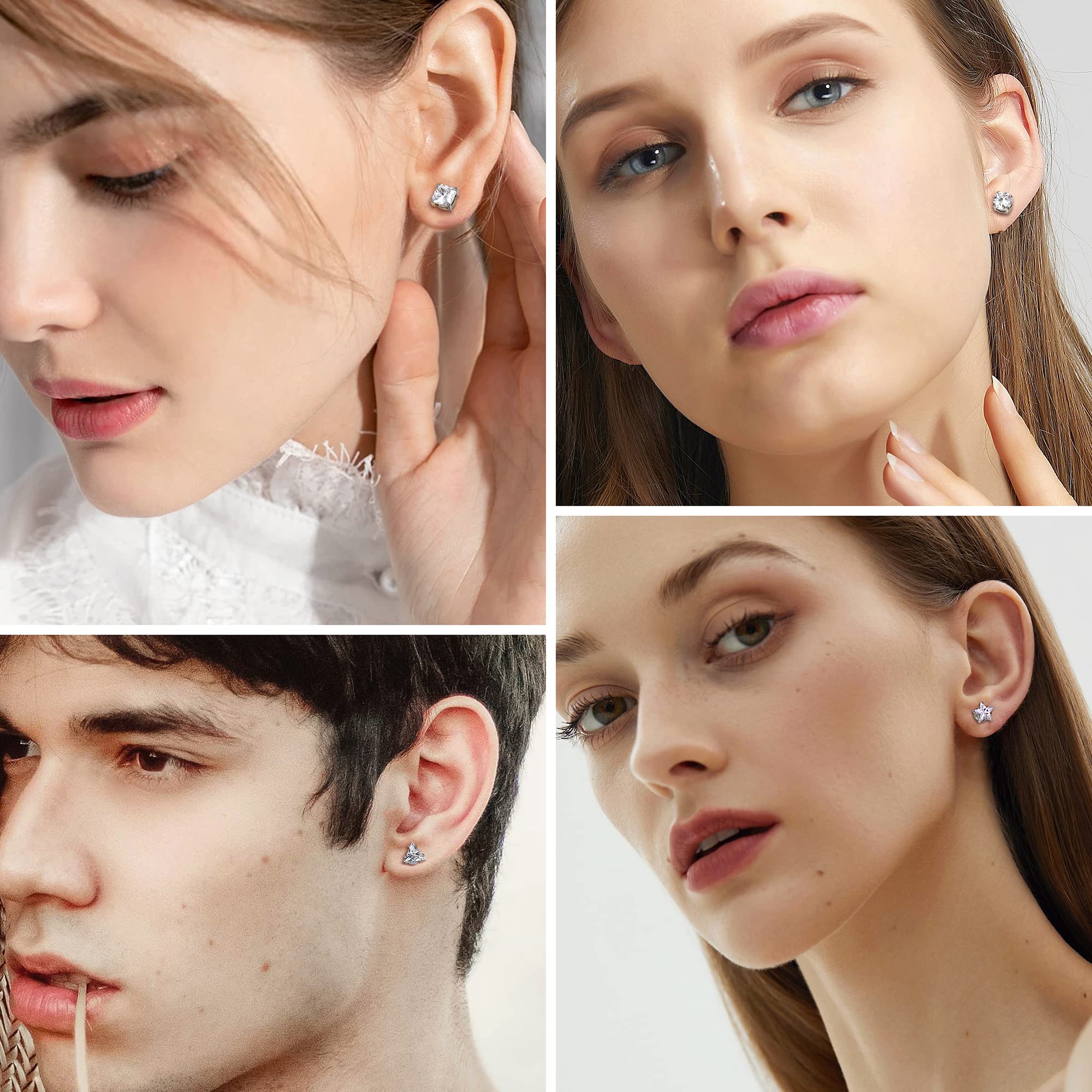 Florideco 5 Pairs Stainless Steel Magnetic Stud Earrings for Women Men Non Piercing CZ Hypoallergenic Earrings Clip On Stud Earrings Set 6MM