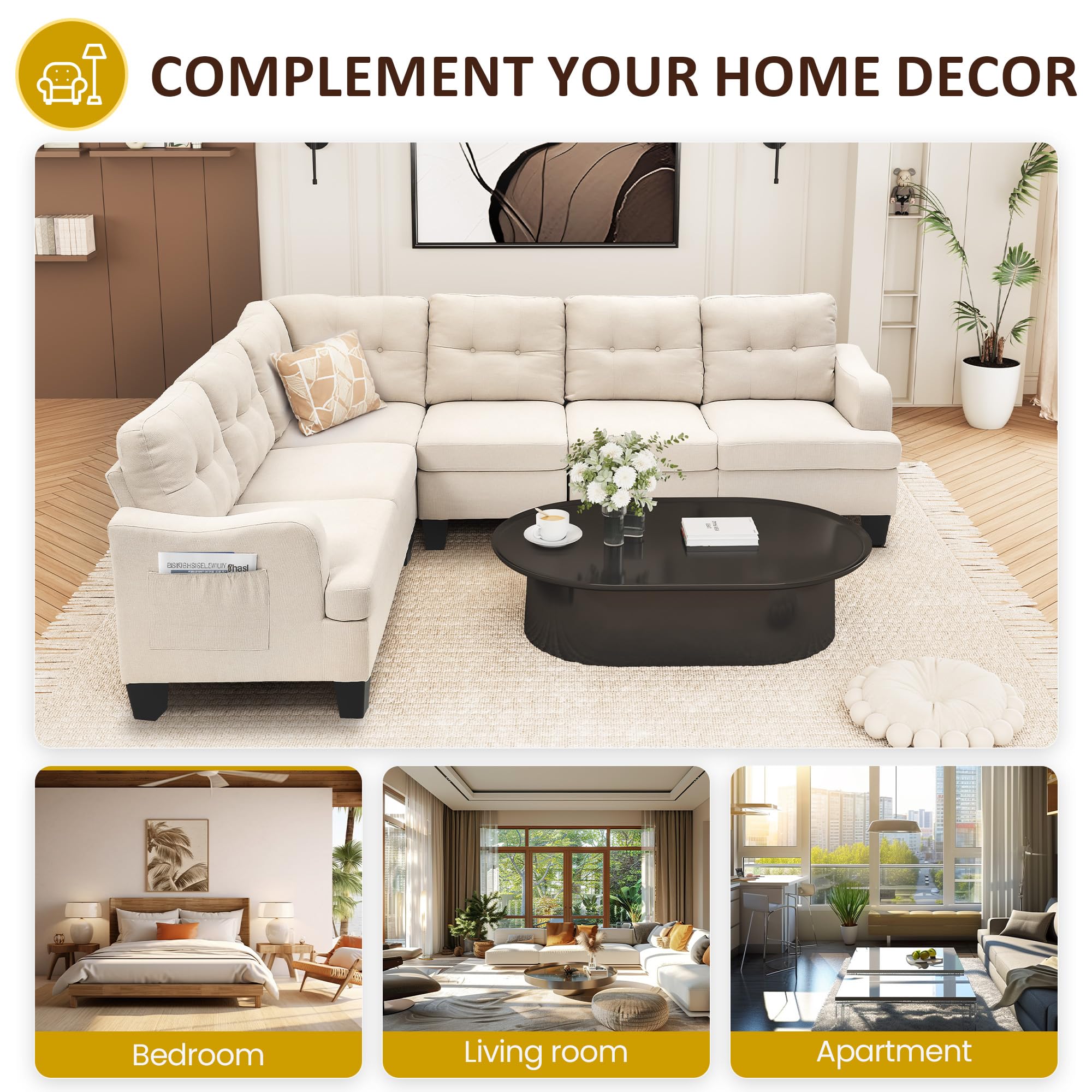May in Color 6 Pieces I Shaped Couch with Solid Wood Frame and Thick Legs, Modern White Modular Sectional Sofa, Polyester Fabric Big Sofa Bed, Large Sleeper Couch for Living Room