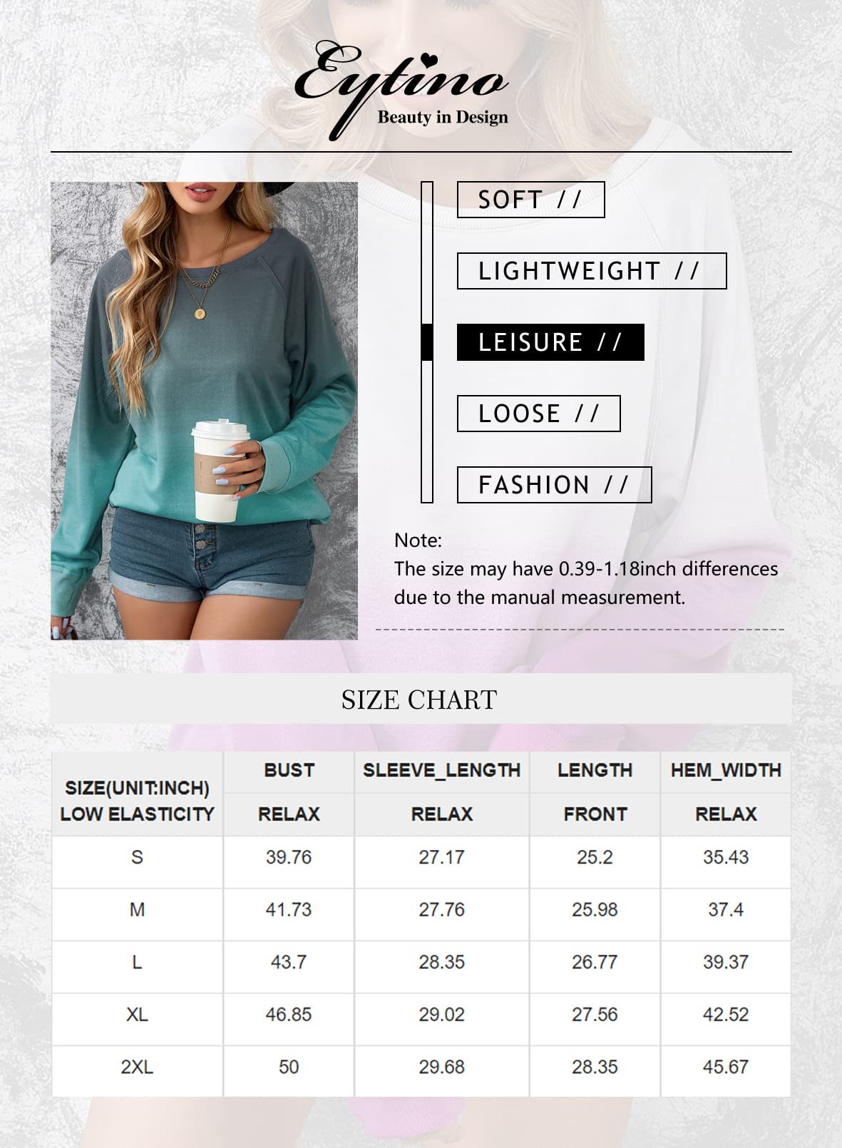 Eytino Women Long Sleeve Pullover Sweatshirts Colorblock Tie Dye Printed Tops,Large Gray