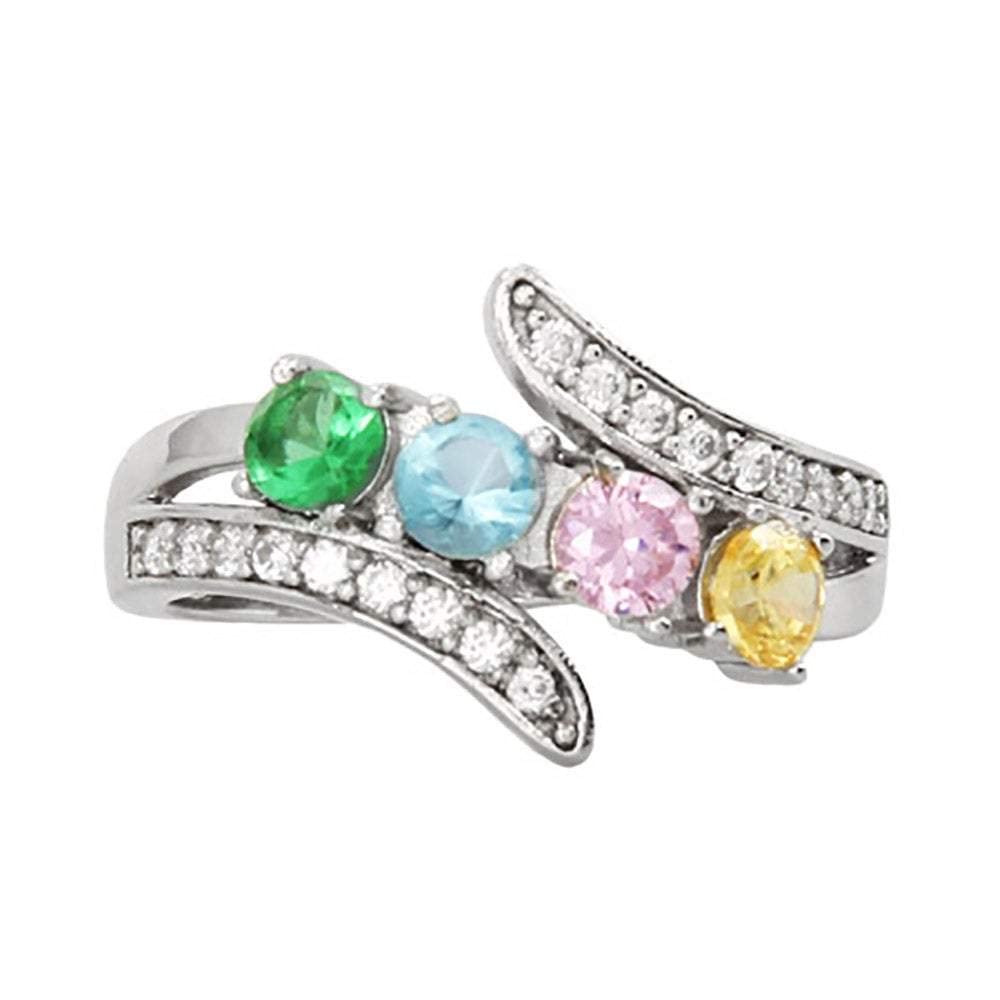 EVE'S ADDICTION Women's Sterling Silver Custom 4 Stone CZ Bypass Simulated Birthstone Mother's Ring, sizes 5 - Personalized Birthstone Ring for Mom - Mother and Child Ring for Her - Gifts for Mom