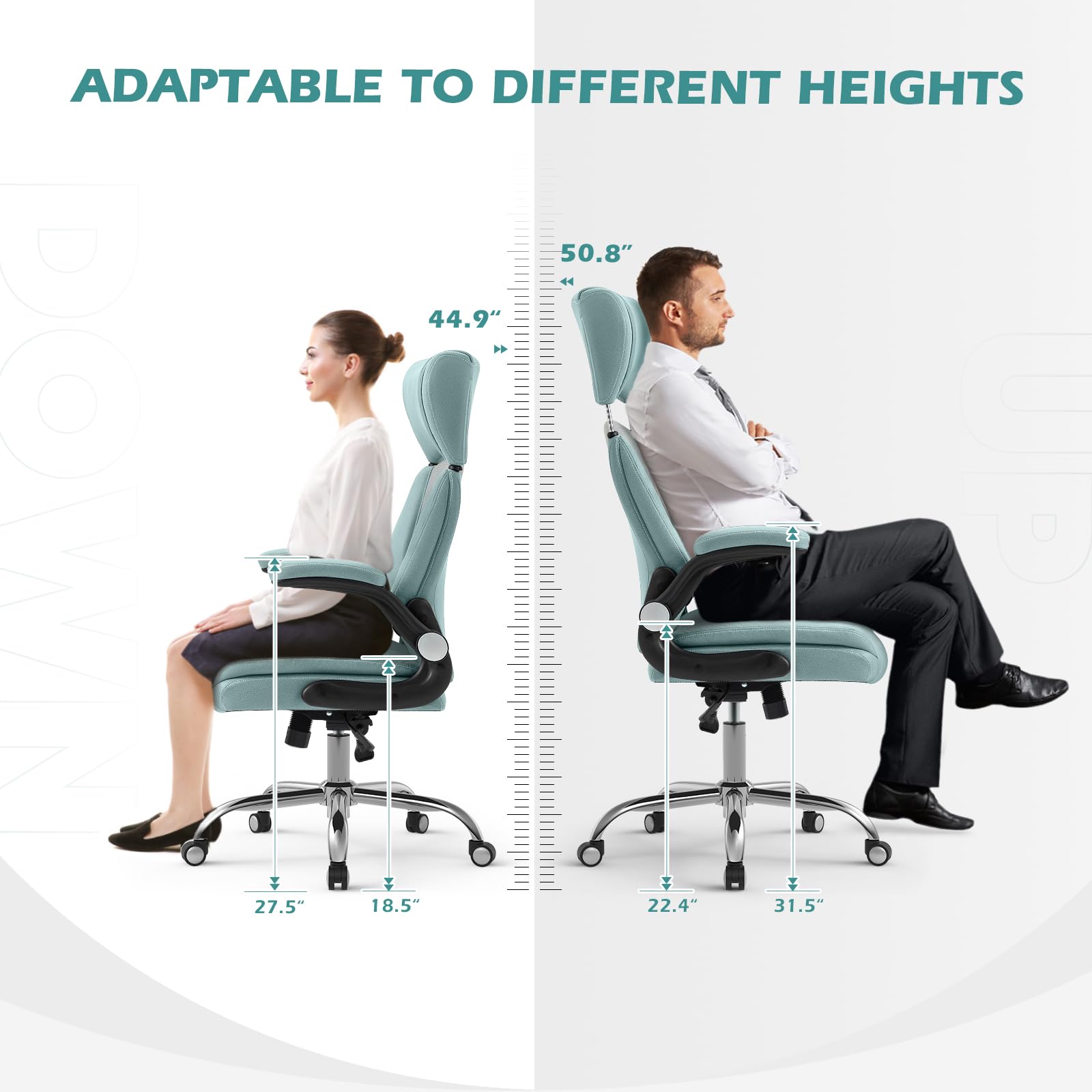 SEATZONE Home Office Desk Chairs with Wide Headrest, Rolling Desk Chair with Wheels and Flip-up Armrest, Computer Chairs Adjustable Backward Tilt, Teal Leathaire