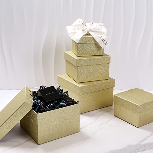PAPER FAIR 5PCS Bright Gold Glitter Nesting Gift Boxes Set, Flat Square Cardboard Storage Organizer Keepsake Box with Lid Durable Reusable, for Gift Wrapping Holiday Present Christmas Birthday, Assorted Size