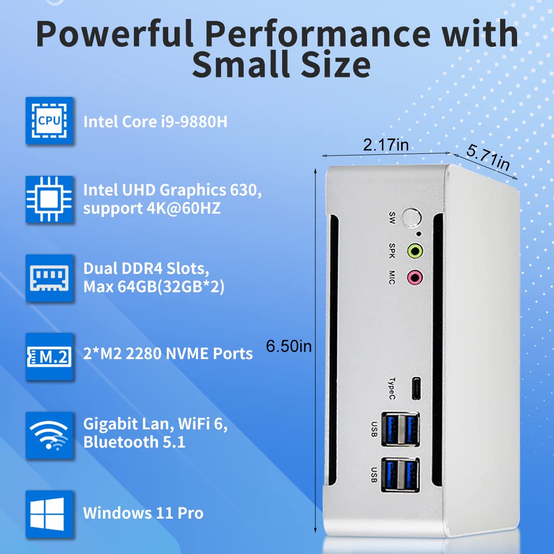msecore Mini PC with Core i9-9880H (8 Cores, Max 4.8GHz), 32GB RAM, 1T SSD Desktop Computer, 4K@60Hz, HDMI, DP, Dual Display, Metal Case, Gigabit Ethernet, Wi-Fi 6, Bluetooth 5.1, Windows 11 Pro