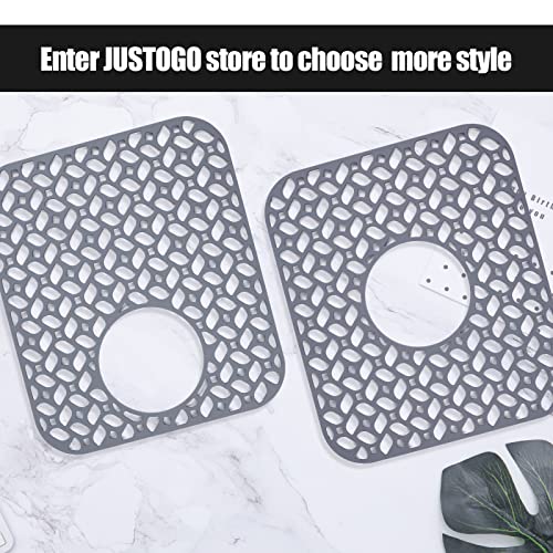 JUSTOGO Silicone Sink Mat, Grey Kitchen Sink Mats Grid Accessory, 1 PCS Folding Non-slip Sink Protector for Bottom of Farmhouse Stainless Steel Porcelain Sink (Center Drain, 13.58''x 11.6'')