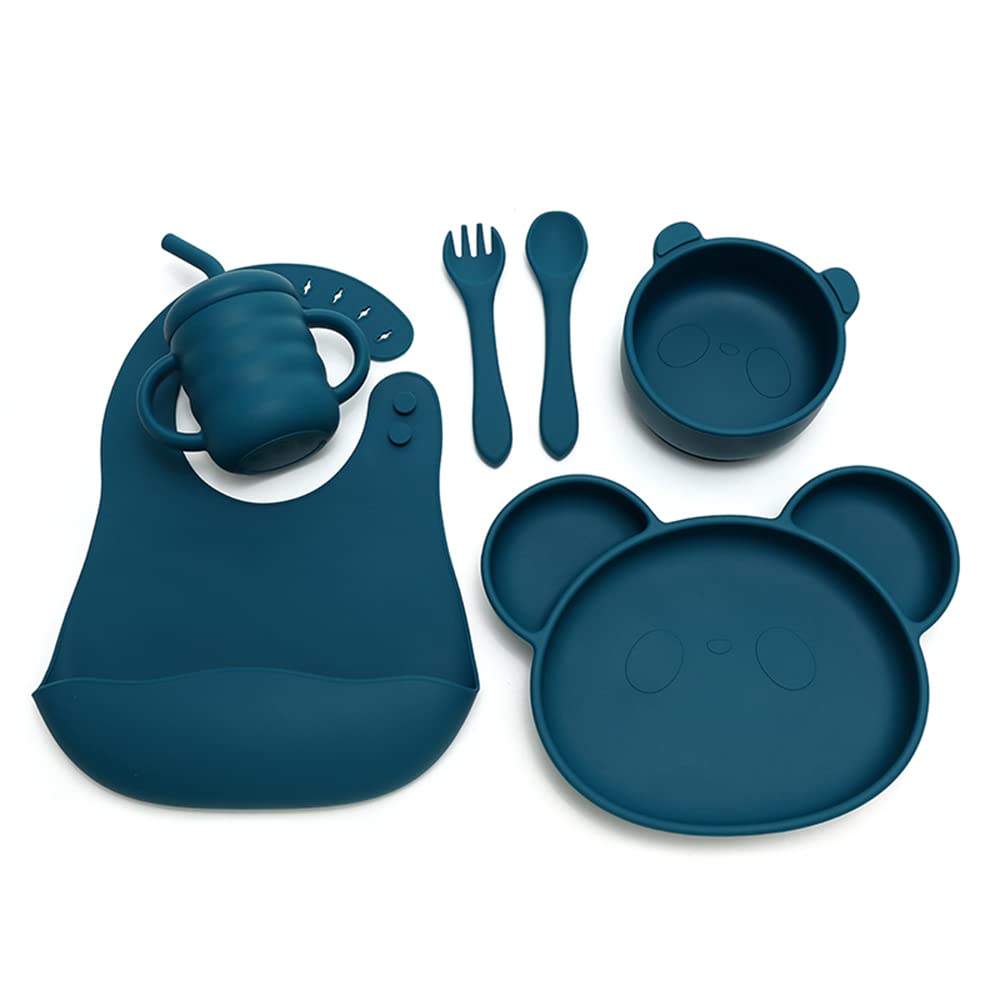 Kadazzel Baby Led Weaning Supply - 6 Piece Baby Feeding Set - including Silicone Suction Plate and Bowl, Baby Utensils,Sippy Cup, Soft Straw and Bib