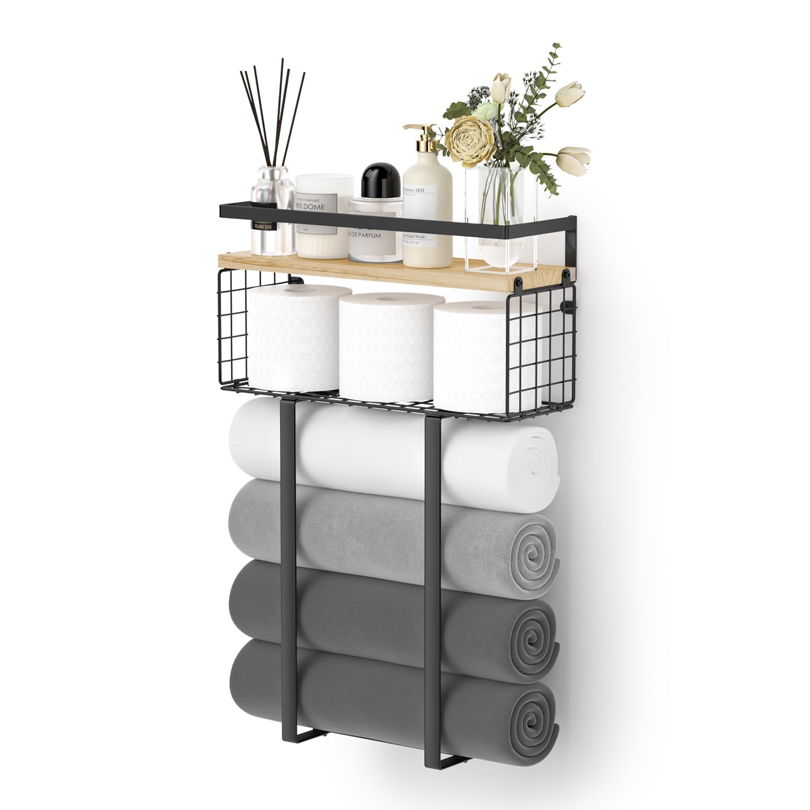 Towel Racks for Bathroom, Metal Towel Holder with Storage Basket,Wall Towel Rack for Rolled Towels, Towel Storage for Small Bathroom,Bathroom Shelves.