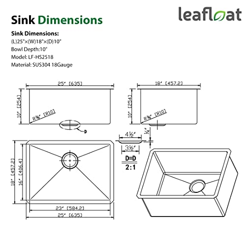 leafloat 25-inch Undermount Kitchen Sink, 25"x18"x10", Single Bowl, 18 Gauge T304 Stainless Steel, Satin Finish, with Strainer & Bottom Grid, cUPC listed