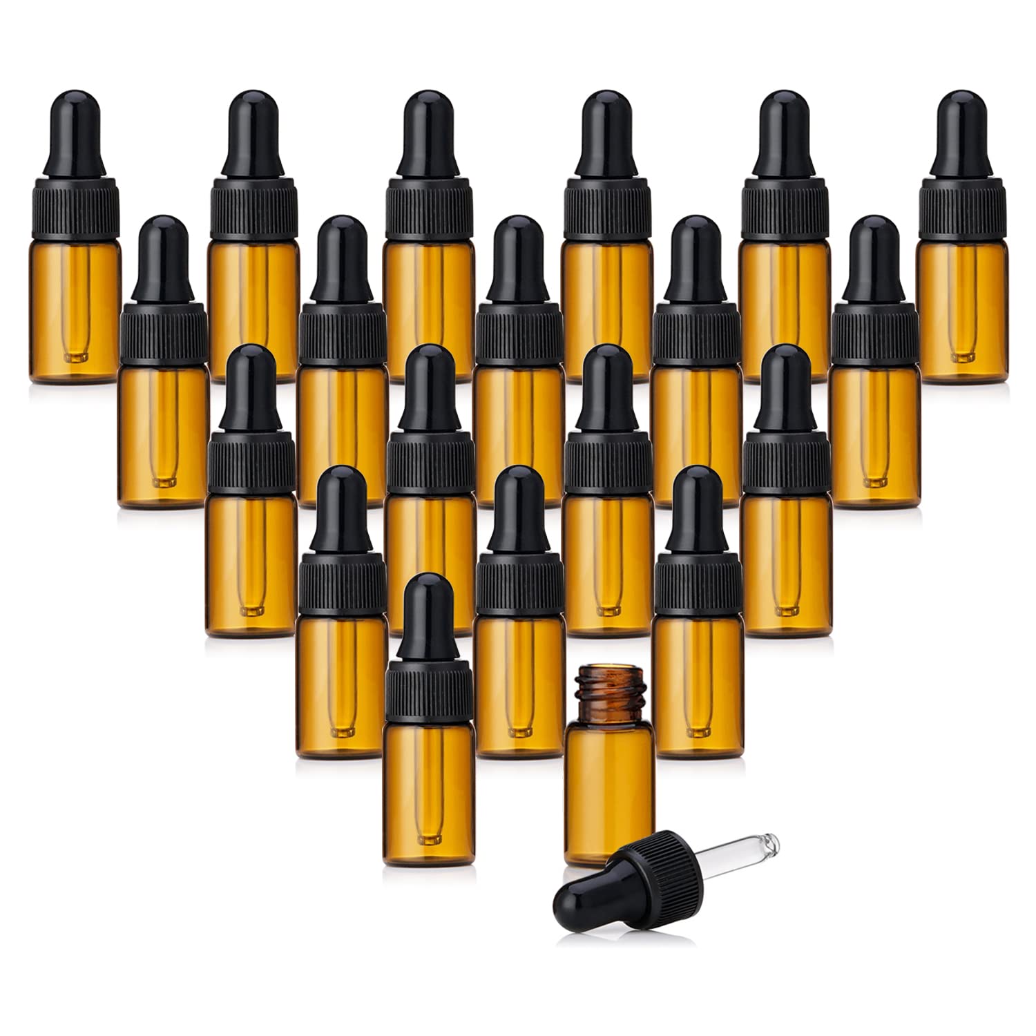 Kaguyouk 20Pcs 1ml Glass Dropper Bottle Mini Dropper Bottle Amber Sample Bottle Filling with Essence Perfume Essential Oil Sample Container with 2 Funnels and 2 Droppers