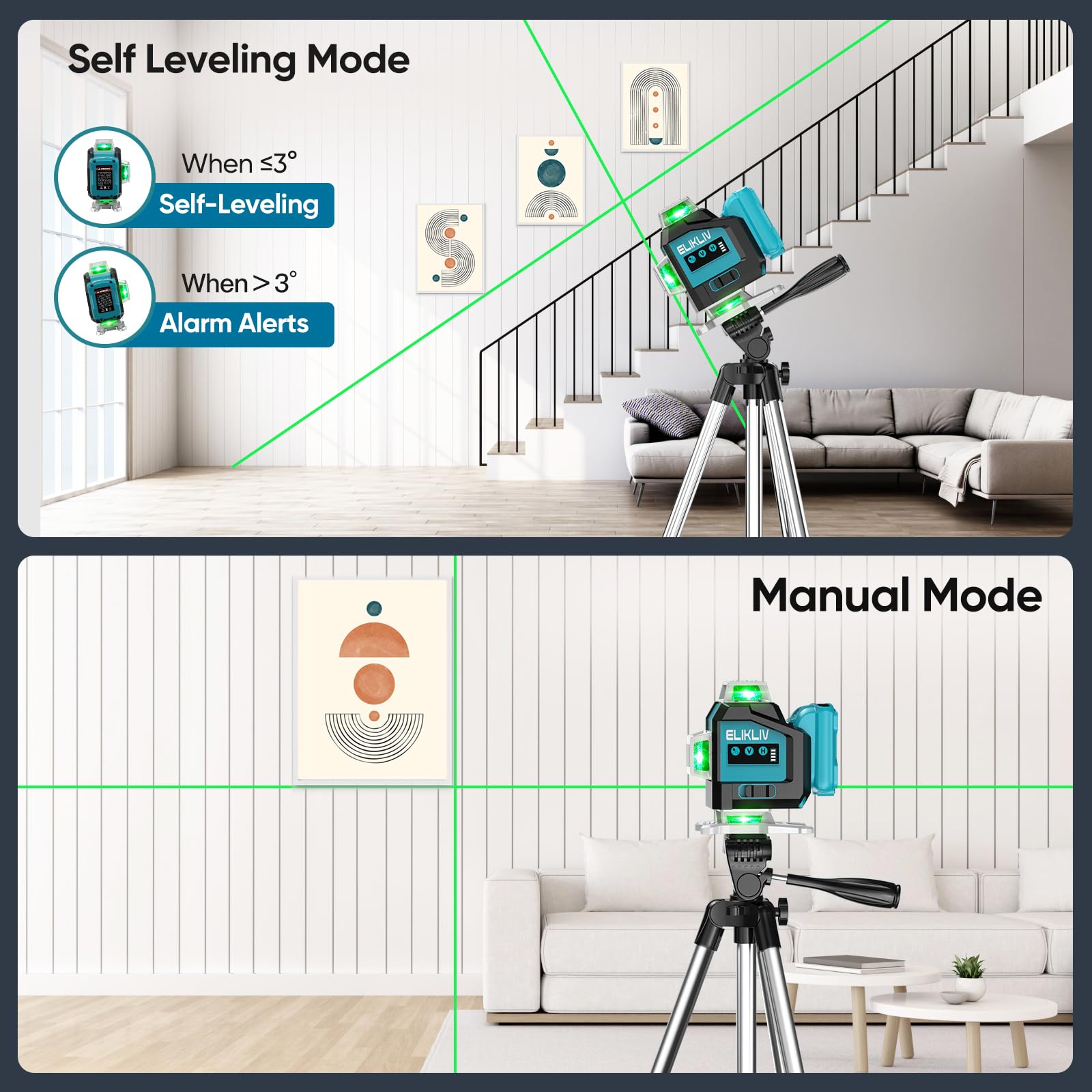 Laser Level, Elikliv Laser Level 360 Self Leveling, 200Ft Green Laser Level Lines Tool, 4x360° Cross Line Laser, Self Leveling Laser Level for Construction&Picture Hanging,Rechargeable Batterie(16Hrs)
