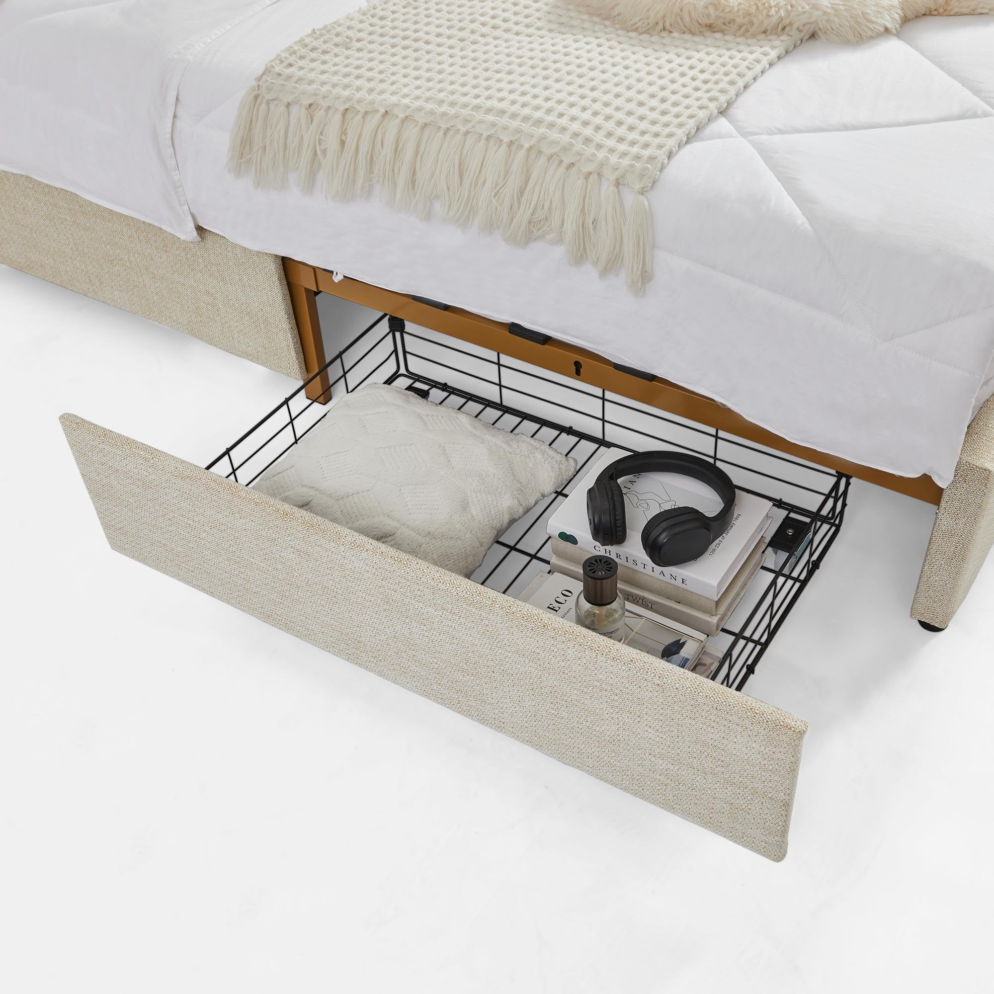 Dolonm King Size Classic Buckle Backrest Platform Bed Frame with Four Storage Drawers Metal Frames Bed Foundation with Wooden Slats Support, Beige + Yellow Leather Sponge Soft Bag Beds