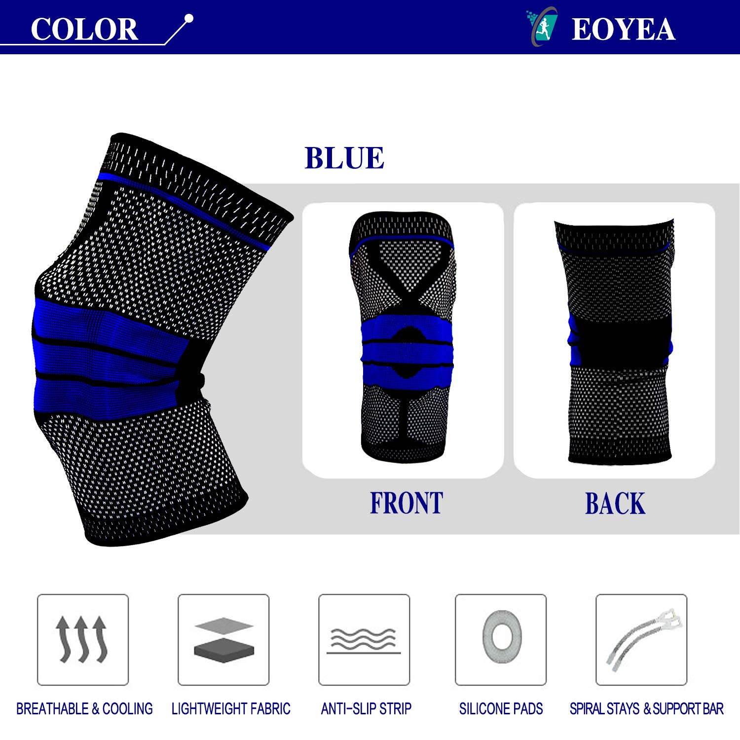 EOYEA Knee Brace Compression Sleeve for Knee Pain, Knee Brace Wraps Stabilizer with Silicone Gel & Spring Support, Knee Protector for Meniscus Tear Running for Men Women 2 pack (Blue,X-Large)