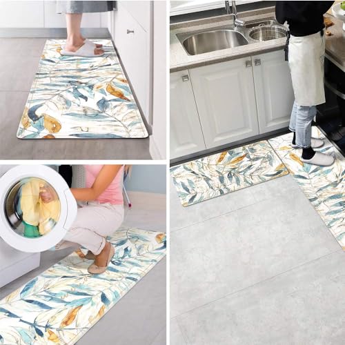Kitchen Rug Set, LEEVAN Kitchen Floor Mats 2 Piece PVC Leather Anti Fatigue Comfort Heavy Duty Waterproof Oil Proof Non-Skid Rubber Back Washable Doormat Bathroom Area Rug(17" X 29"+17" X 59", Leaves)