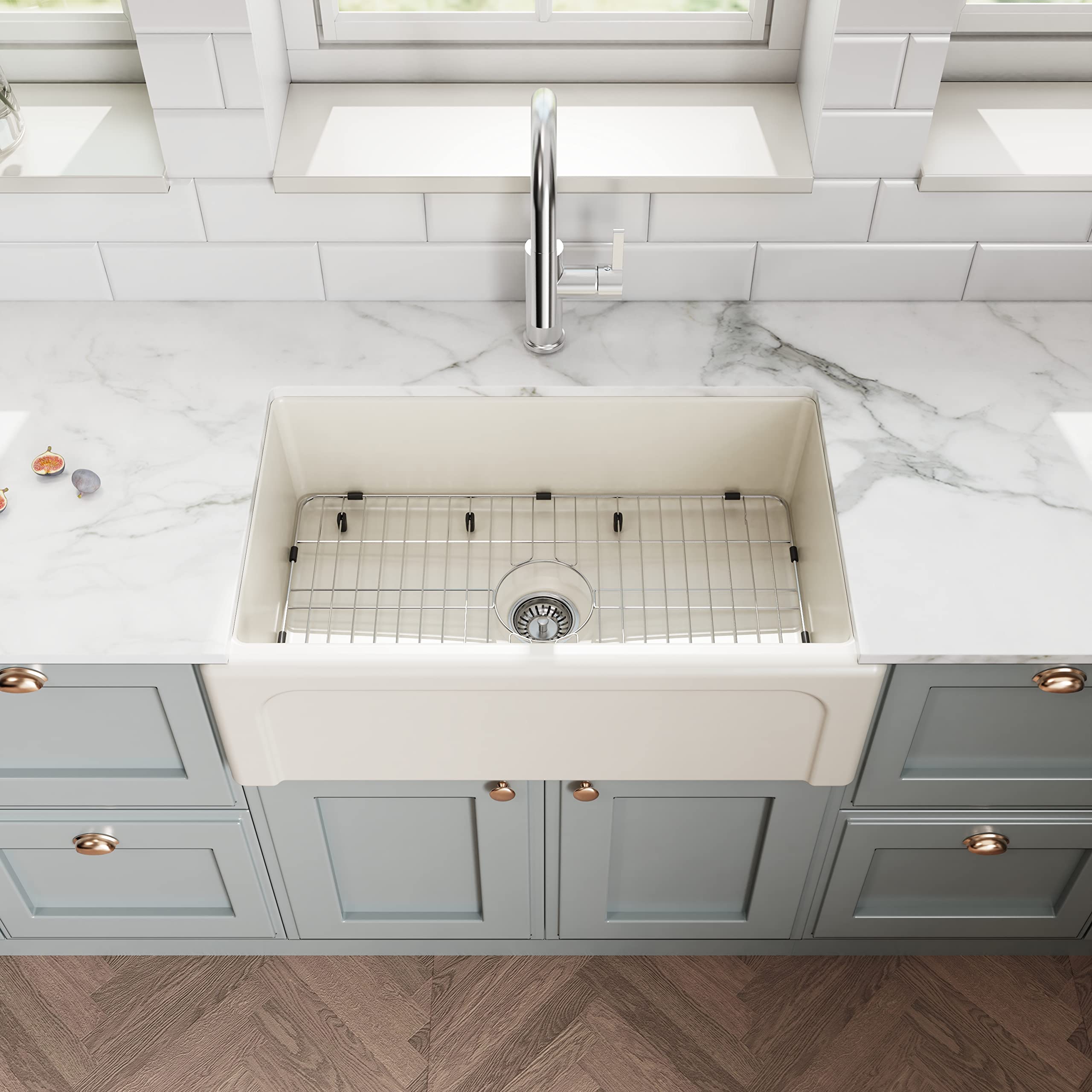 ELLAI Farmhouse Sink 30 Inch Beige Fireclay Apron Front Single Bowl Deep Drop In Kitchen Sink Undermount Farm Sink with Bottom Grid & Strainer, 30βx18βx10β Reversible Matte Biscuit
