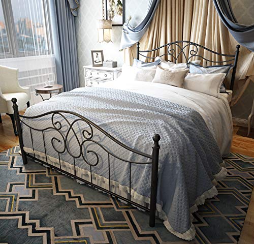 YERPERFO Vintage Sturdy Metal Bed Frame Queen Size with Vintage Headboard and Footboard Platform Base Bed Frame No Box Spring Needed Steel Bed (Queen, Black)