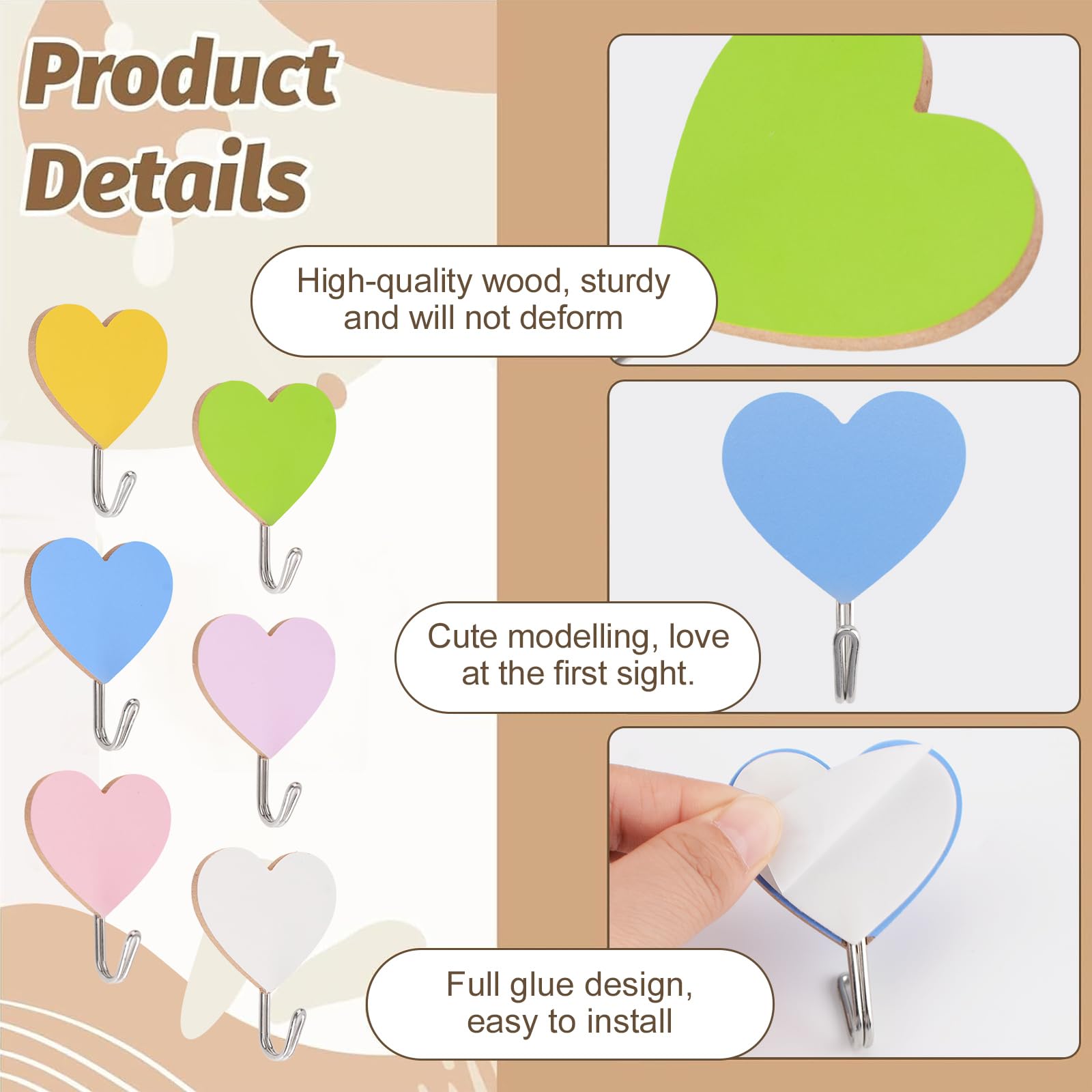 MOROBOR Wood Heart-Shaped Self-Adhesive Hooks, 6pcs Strong Self-Adhesive Wall Hooks for Bathroom Kitchen Office/Mixed Color