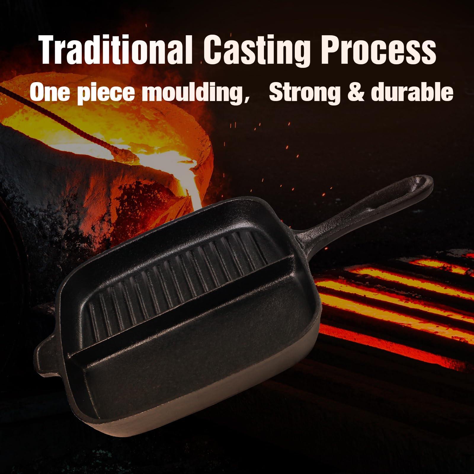 LD HuYY Divided Grill Pan for Stove Tops, 3-in-1 Functionality for Cooking, divided skillet, Detachable Wooden Handles, Durable and Long-Lasting (10 * 10in)
