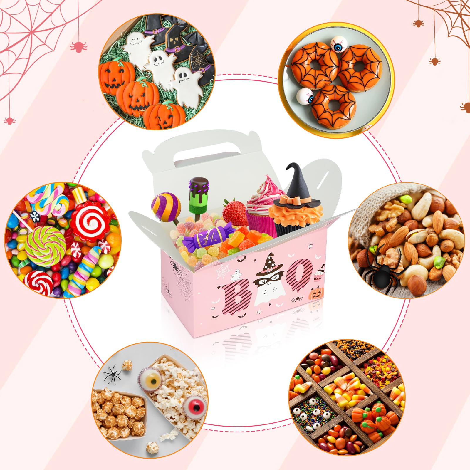 Konsait Halloween Boo Boxes, 12 Pack Kraft Paper Halloween Boo Treat Boxes Bulk, Pink Halloween Cookie Boxes, Halloween Boo Birthday Goody Boxes