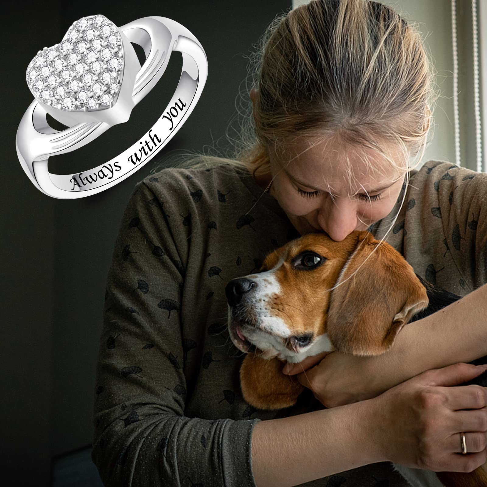 Heart Urn Ring for Ashes Keepsake Rings with Cubic Zirconia Sterling Silver Hug Ring for Ashes for Women(6)