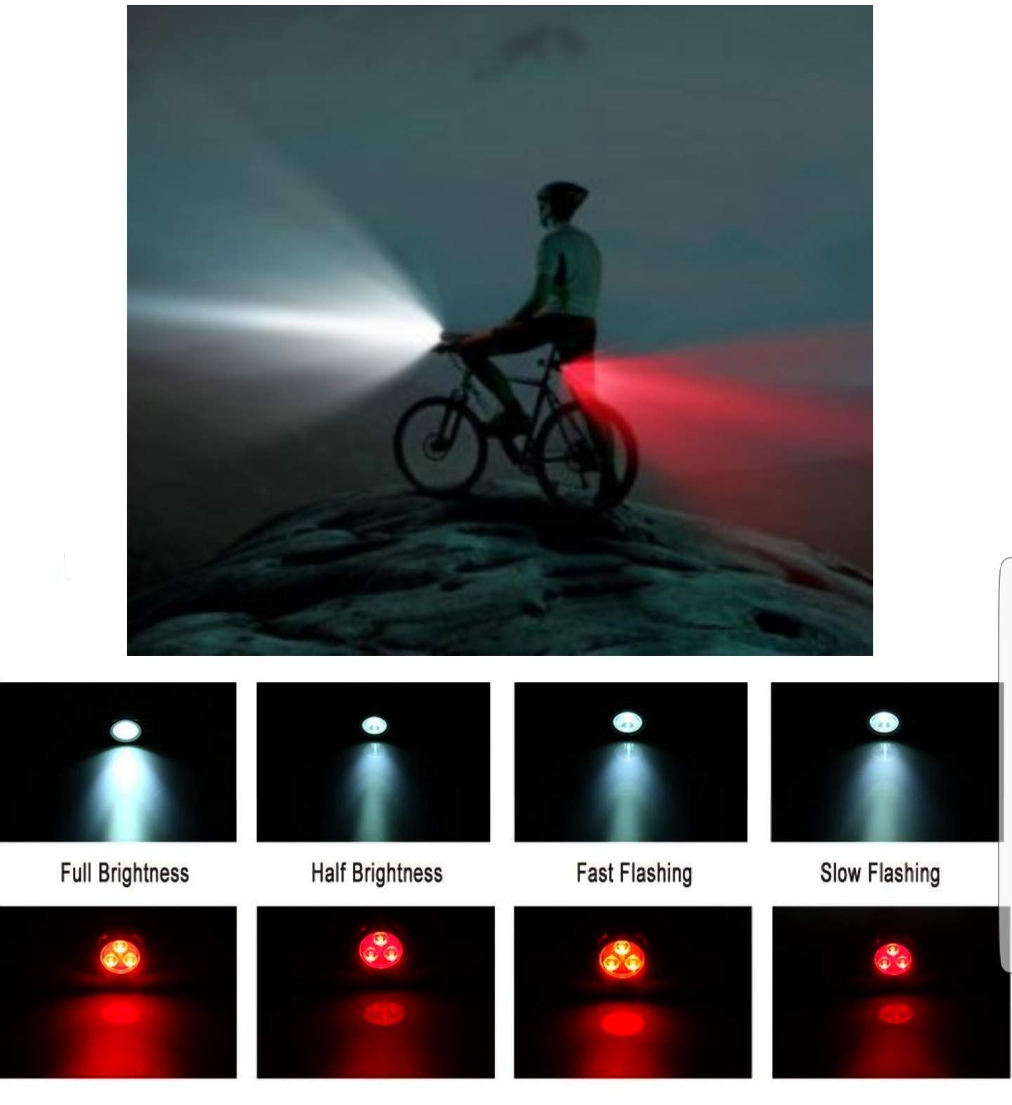 FREE LIGHT LED Bicycle Lights, Front and Rear Bike Lights Set, Black Aluminum Alloy and Durable Plastic, 4 Light Functions, 2 USB Cables Included and 4 Straps.