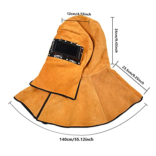 Leather Welding Mask, Leather Welder Hood Leather Mask Welder Helmet with Auto Darkening Filter Lens, Work Cap Welding Helmet, Yellow (Full Face+Neck Shoulder Coverage)