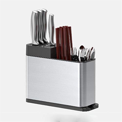 FZZDP Kitchen Utensil Holder Knife Block with Drainboard, Utensil Caddy for Knives, Forks, Spoons, Stainless Steel, Silver