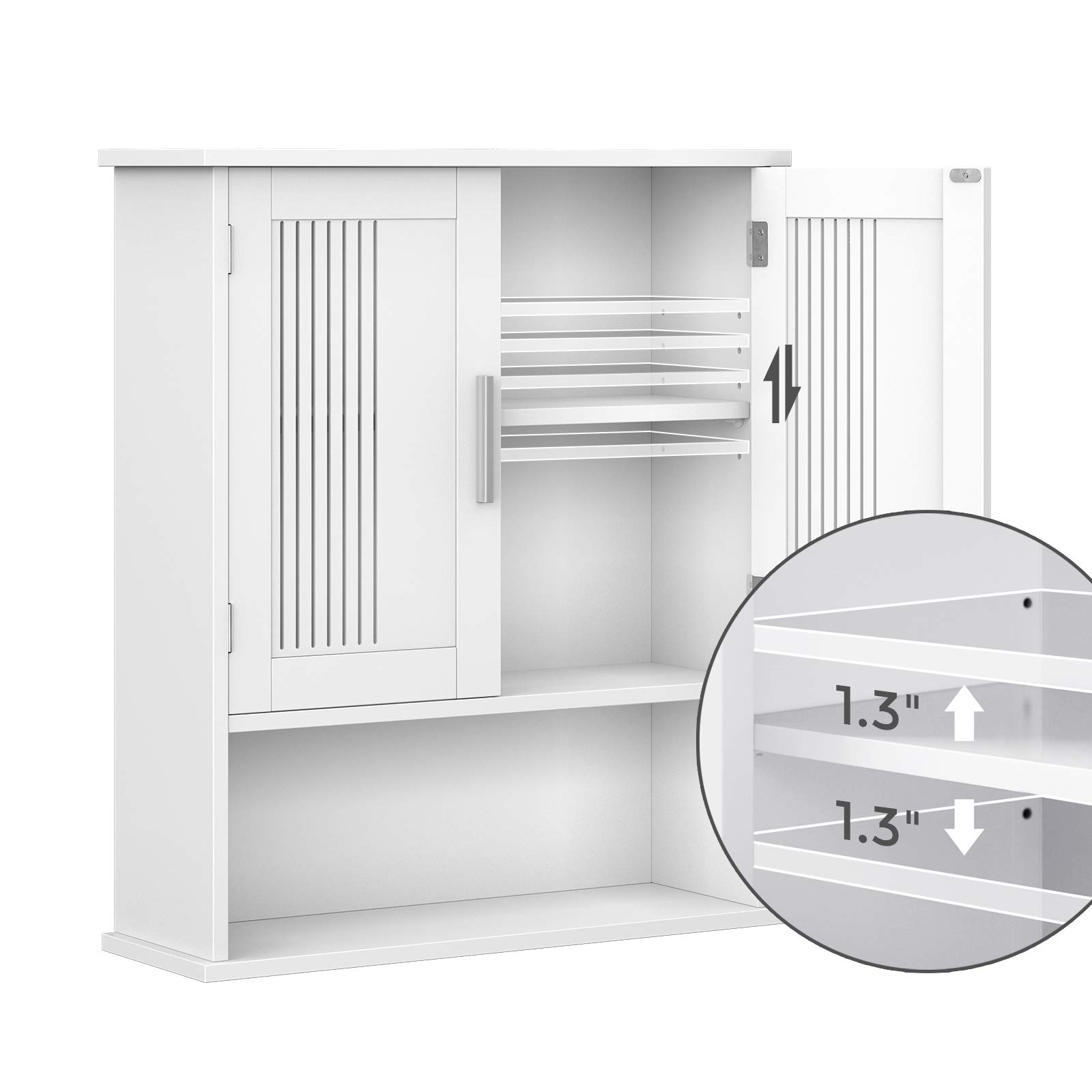 VASAGLE Wall Cabinet, Hanging Bathroom Storage Organizer, Medicine Cupboard with Adjustable Shelf, Double Doors and Open Shelf, 23.6 x 7.8 x 27.5 Inches, Wooden, White UBBC26WT