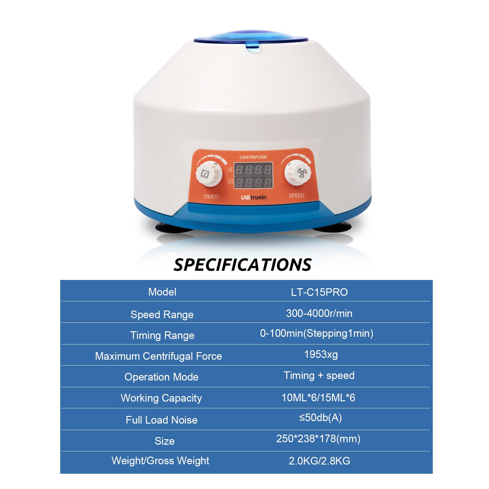 LABTRUEIN Centrifuge Machine, Lab LED Display Digital Betchtop PRP Centrifuges with Timer & Speed Control - Low Speed,4000 RPM, Centrifuge Tubes Capacity 5ML/10ML/15 ML x 6