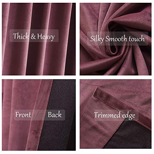 Roslynwood Home Decorative Velvet Curtains 52 inch Width for Bedroom Solid Soft Sunlight Block Window Curtain with Rod Pocket & Clip Rings Nursery, 2 Panels, 52W x 96L Inch, Dusty Rose