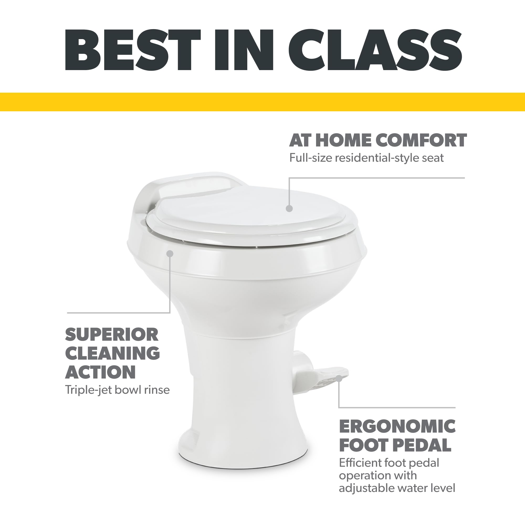 Dometic 300 Series Gravity-Flush RV Toilet | Powerful Triple-Jet Action Flush with Adjustable Water Level | Standard Height Flush with Foot Pedal for RVs, Trailers, and Outdoor Campers