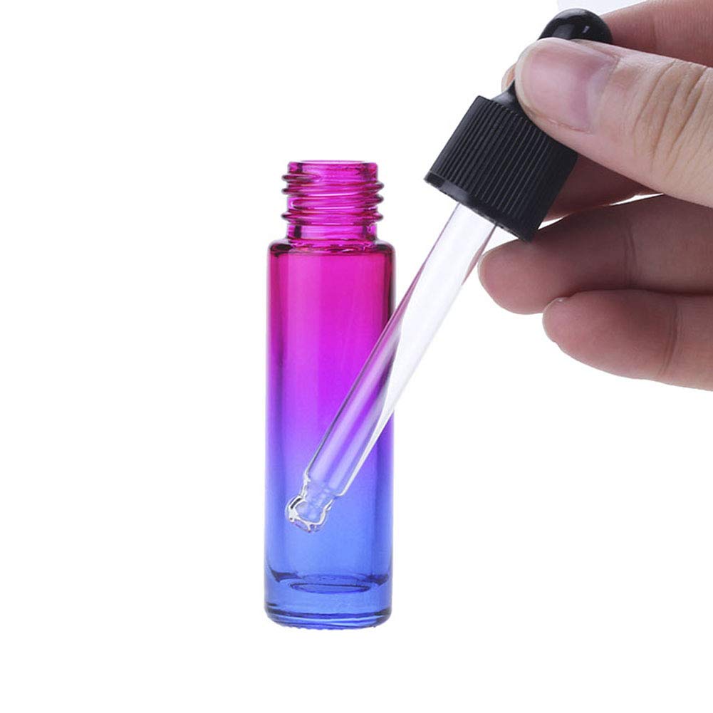 mollensiuer 8Pcs 10ml Rainbow Gradient Color Glass Dropper Bottle Vial Thick Empty Cosmetic Essential Oil Bottle Tube Sample Sub-bottles Containers with Eye Dropper, 1 Funnel+1 3ml Transfer Dropper