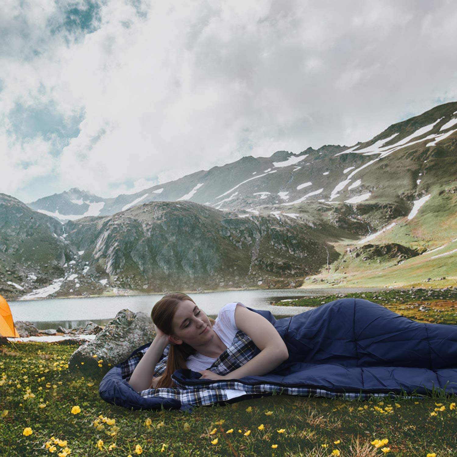 Domaker Backpacking Sleeping Bag Lightweight Flannel for Hiking Camping, Cold Weather Warm Envelope Sleeping Bags with Stuff Sack for Adults and Kids, Blue 2lbs
