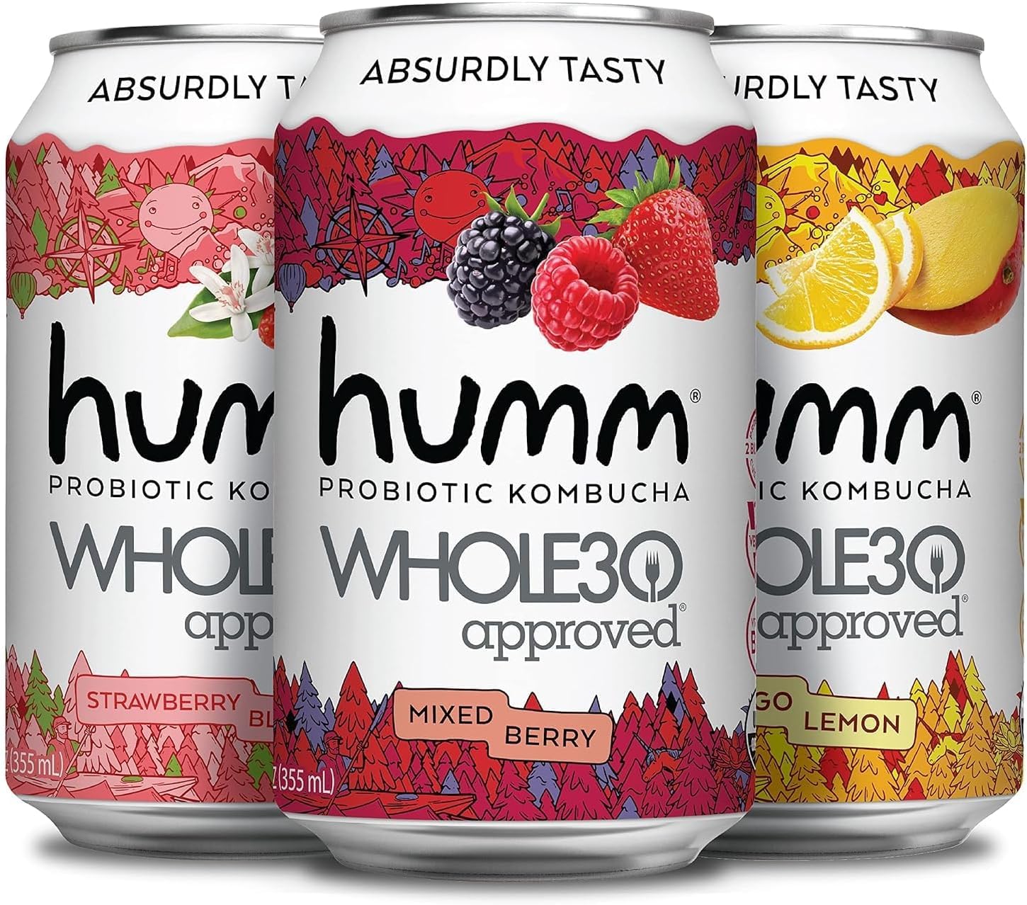 Humm Whole30 Approved Kombucha Variety Pack - Mango Lemon, Mixed Berry, Strawberry Blossom - Organic, Vegan & GMO-Free (12 Pack)