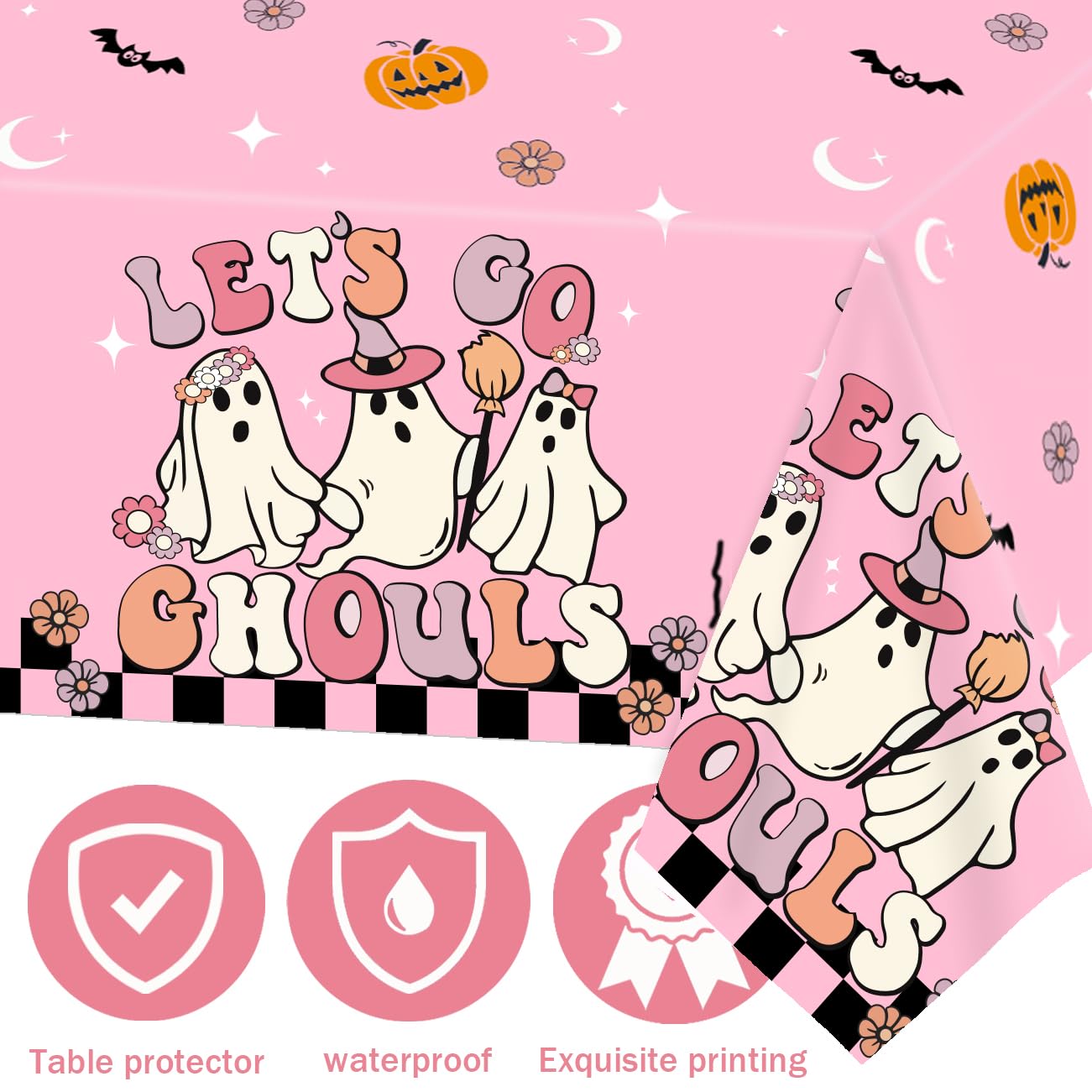 Pink Halloween Decorations Halloween Tablecloth Cute Ghost Let’s go Ghouls Pumpkin Table Cover for Halloween Party Spooky Theme Disposable Plastic Table Cloth for Halloweens Table Decor