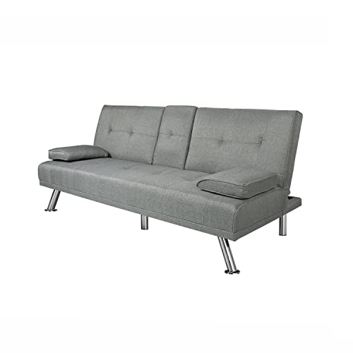 Verfur Convertible Futon Bed with Cupholders,Modern Upholstered Loveseat Sleeper, Folding Lounge Recliner Comfy Sofa & Couches Sofabed, Light Gray 66.2" Linen