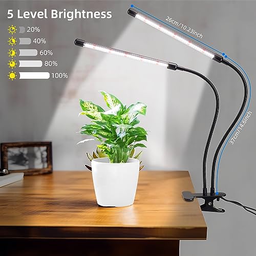 LED Grow Light,6000K Full Spectrum Clip Plant Growing Lamp with White Red LEDs for Indoor Plants,5-Level Dimmable,Auto On Off Timing 3/6/12Hrs