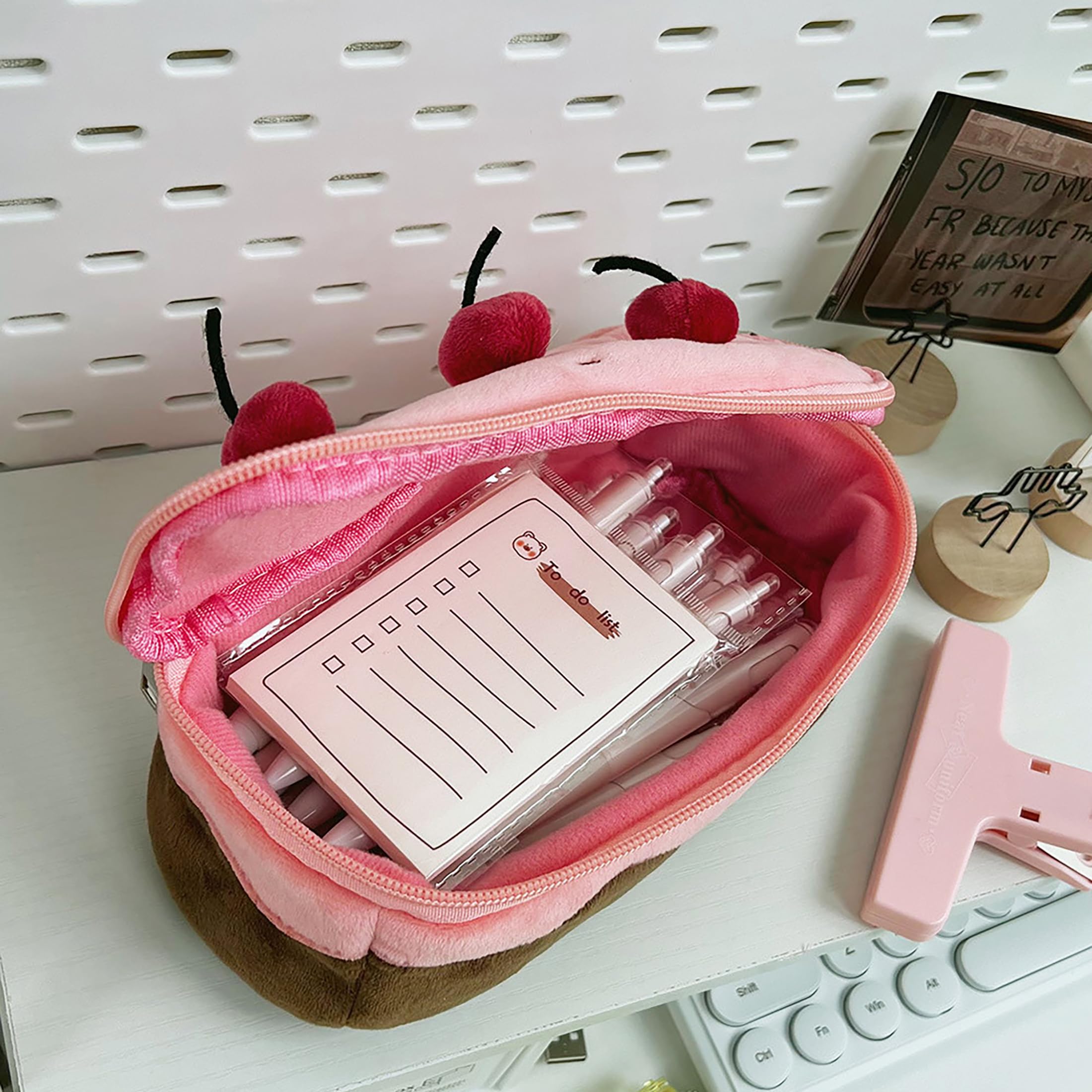 Pink Plush Cherry Cake Pen Bag, Cute Pencil Pouch Stationery Storage Box Kawaii Big Capacity Case Box Pen Holder Lead Pencil Organizer Supplies Pencil Case, Cosmetic Bag (Cherry pencil case)