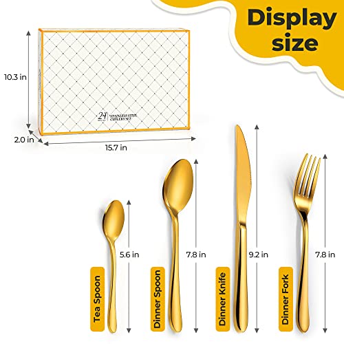Gold Silverware Set,24-Piece Stainless Steel Flatware Service for 6, Mirror Finish Cutlery Set with Gift Box