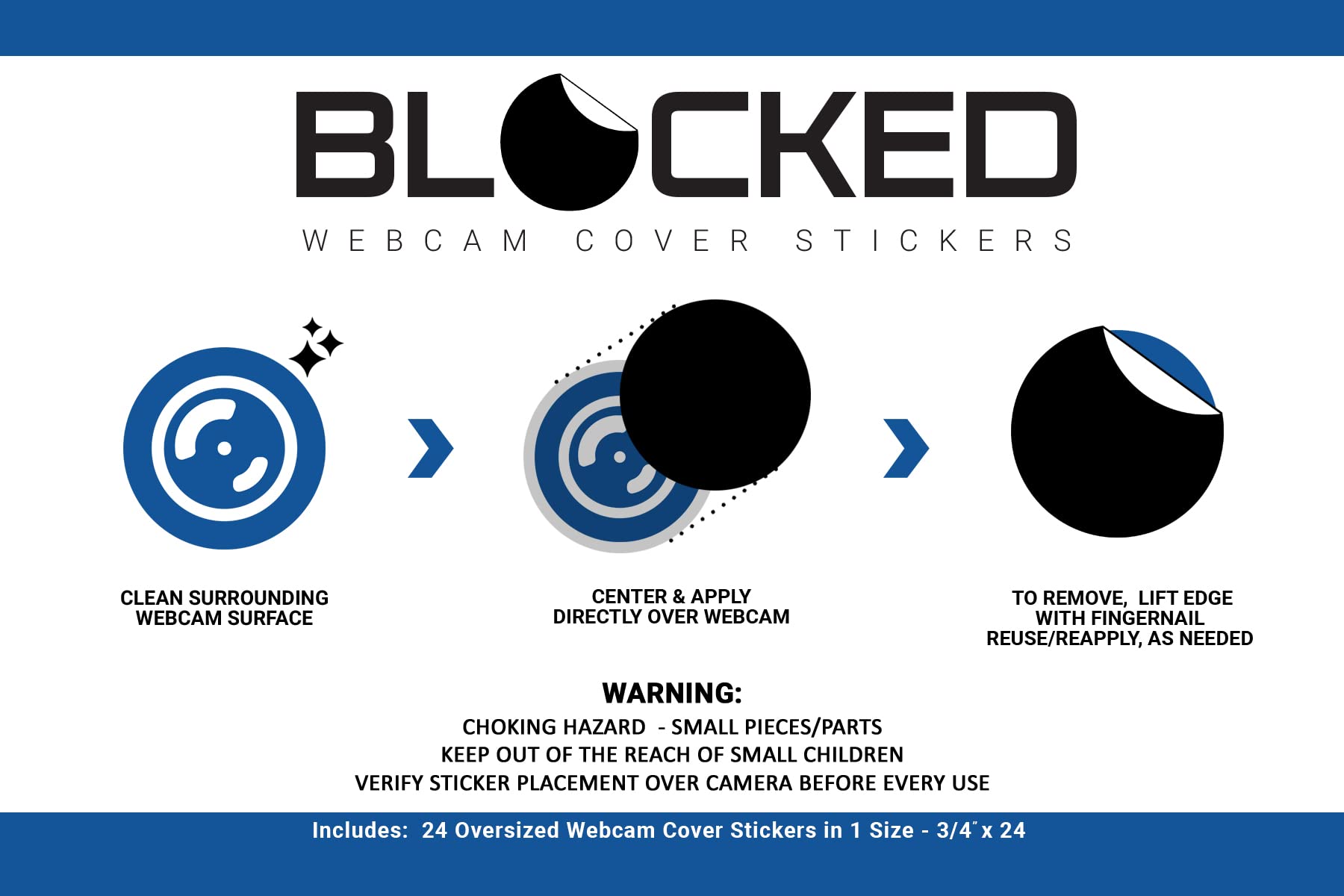 Webcam/Camera Vinyl Covers | 24 Low-Tack Reusable Webcam Stickers | 3/4" Oversized | Black 24-Pack (Ultra Glossy)