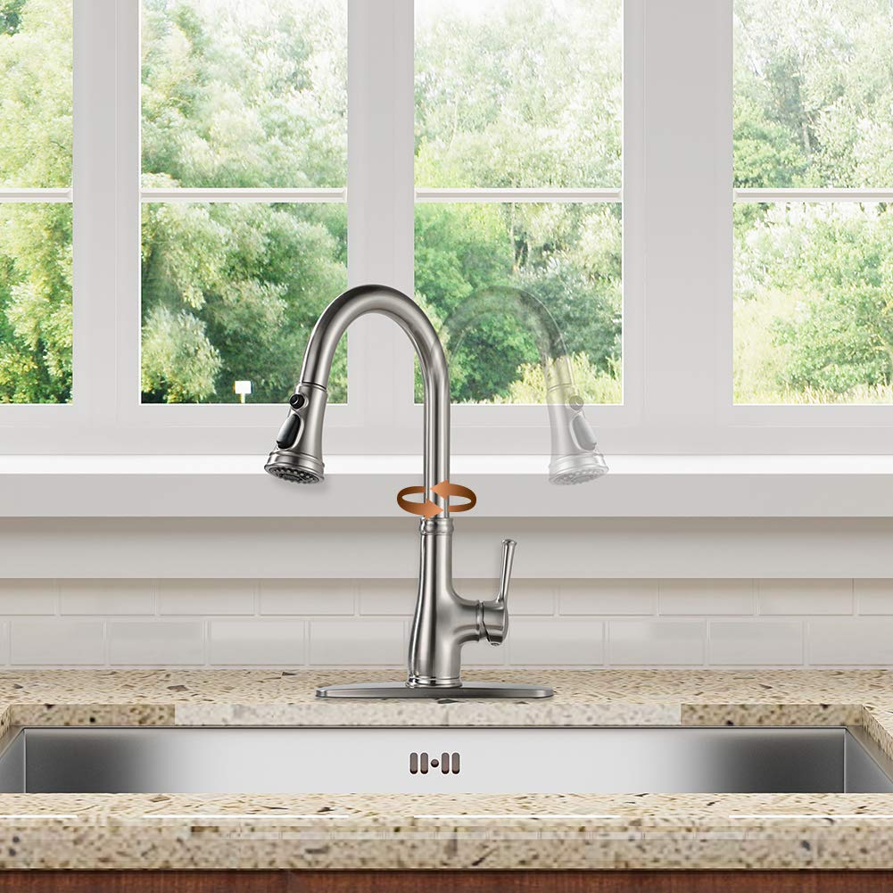 Kitchen Faucet-WEWE Single Handle Stainless Steel Brushed Nickel Pull Down Kitchen Sink Faucet with Pull Out Sprayer with 1/2 to 3/8 Adapter 2 Pieces