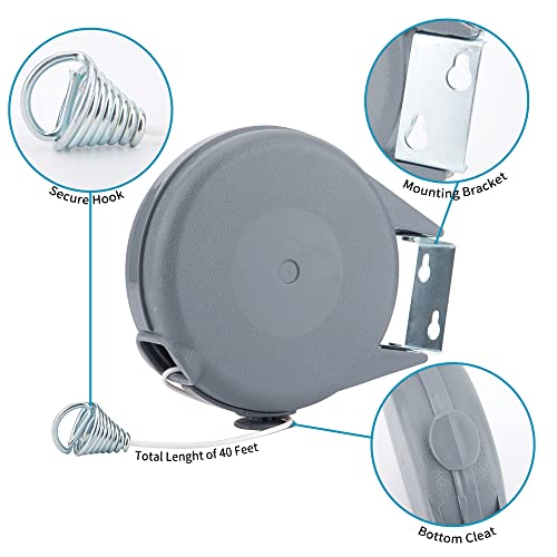 Retractable Clothesline Flexible Portable Heavy Duty 40 Feet Adjustable Heavy Duty Laundry Clothes Line for Wet or Dry Clothes Indoor or Outdoor Easy Installation Gray