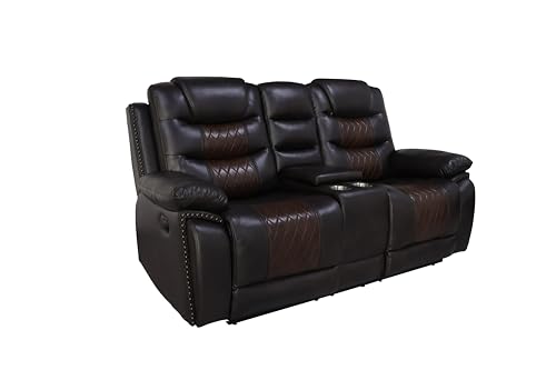 New Classic Furniture Nikko Faux Leather Manual Console Loveseat with Dual Recliners, Brown