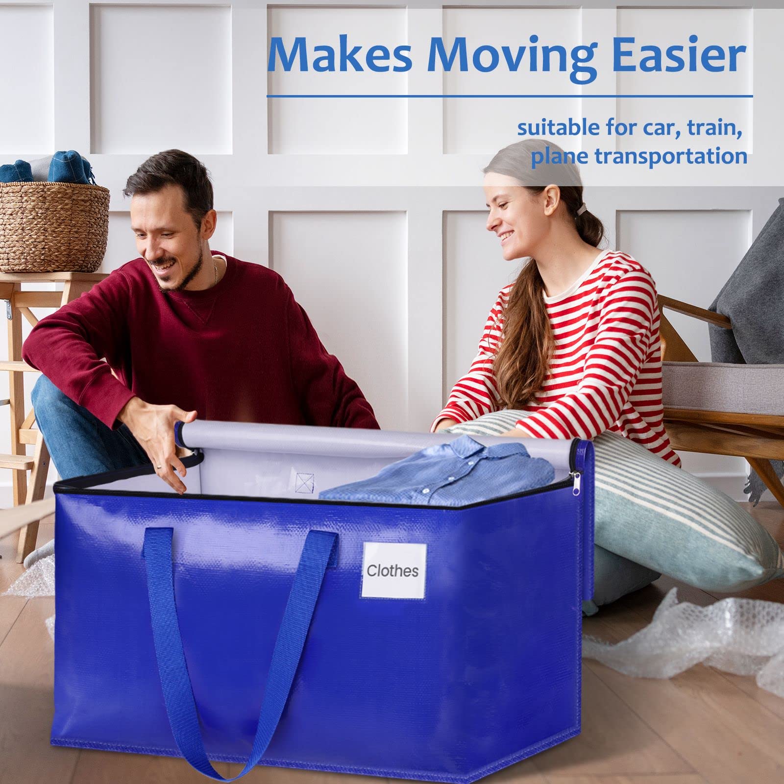 EpicTotes Moving Bags, Storage Bags with Sturdy Handles and Heavy Duty Zippers, Storage Totes for Space Saving, Moving & Storage, Collapsible Moving Supplies(100L, 6-Pack, Blue)