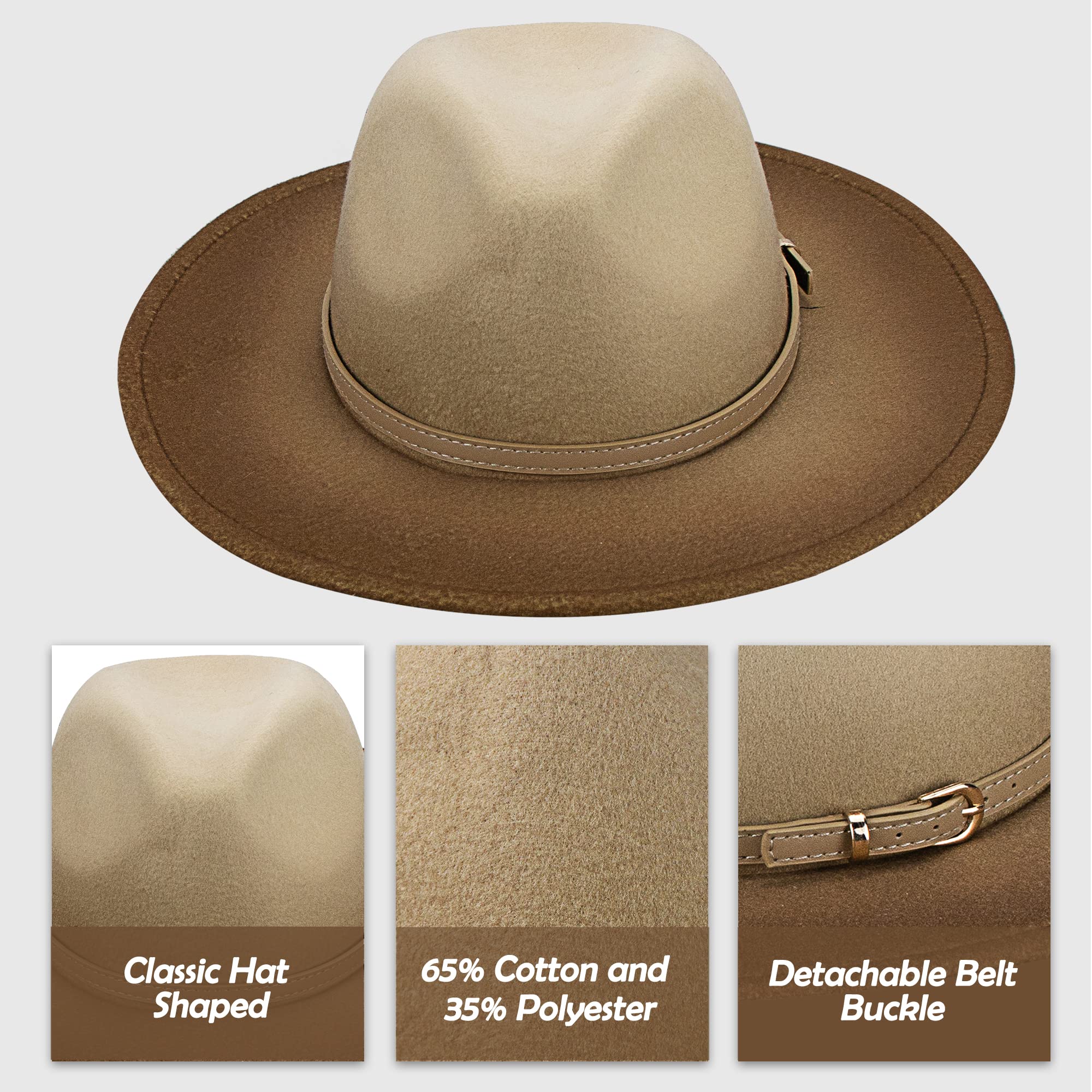 INOGIH Women Belt Buckle Fedora Hat Wide Brim Felt Hat Retro Gradient Panama Two Tone (Khaki, Medium)