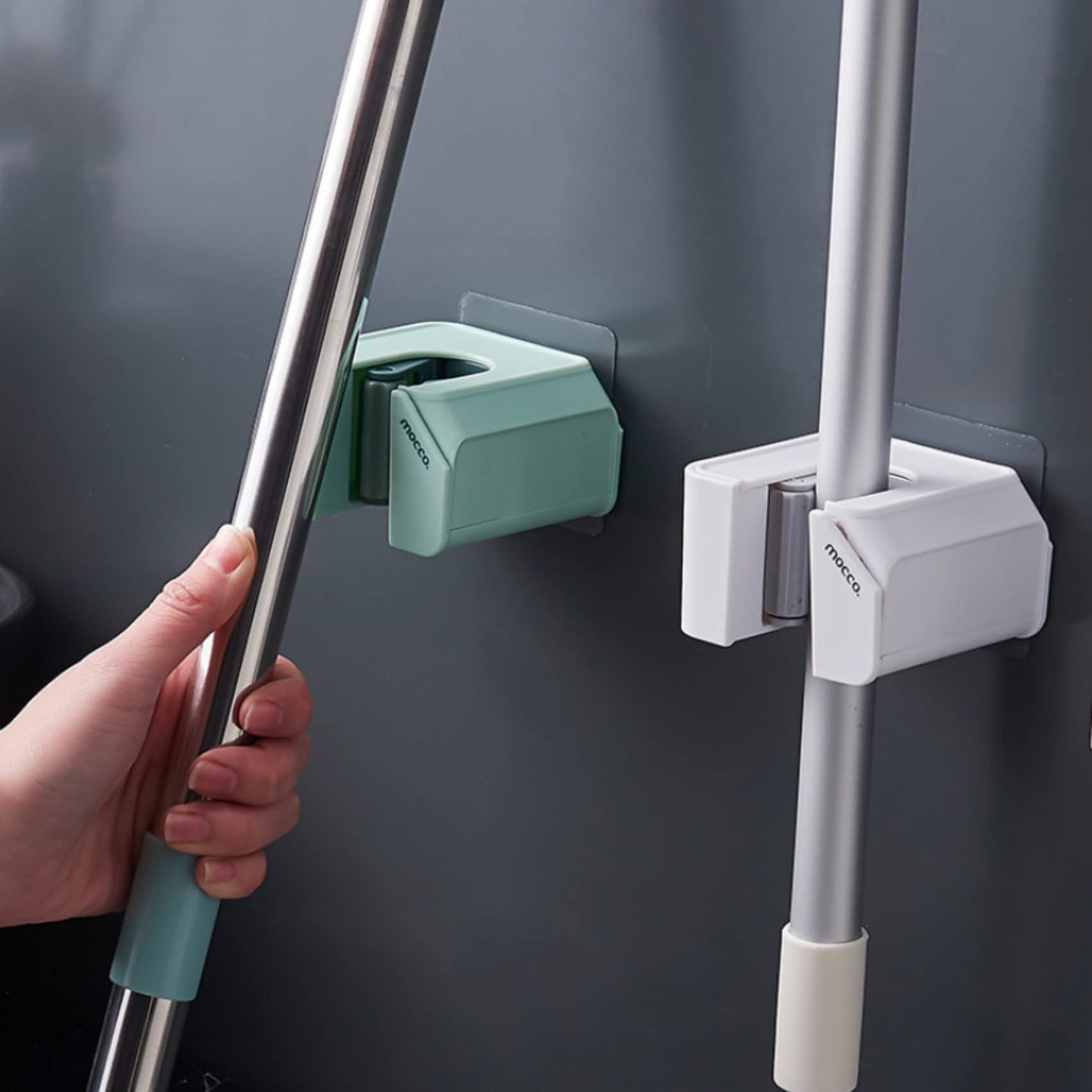 JIBIACB Broom Holder Self Adhesive Mop and Broom Holder Wall Mount Anti-Slip Broom Hanger Gripper for Bathroom or Kitchen (Green+White,4pcs)